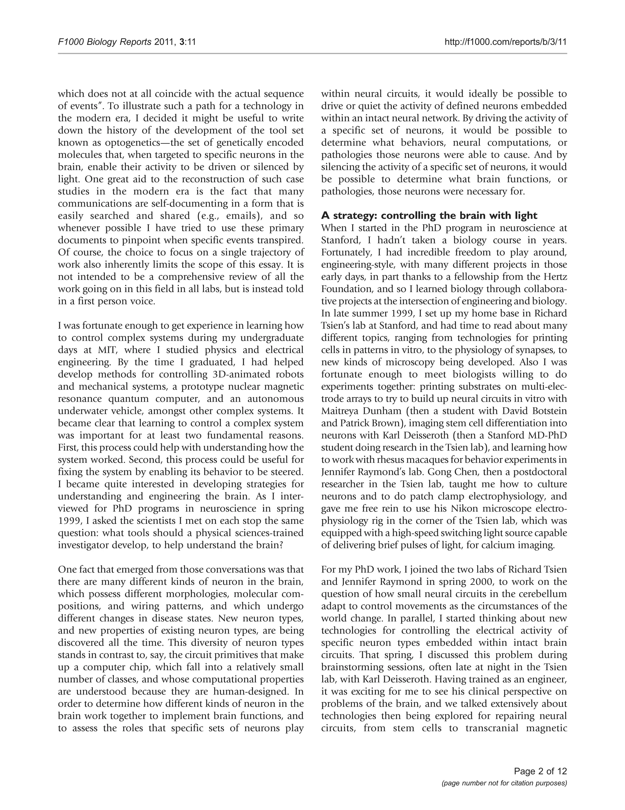 A history of optogenetics the development of tools for controlling ...