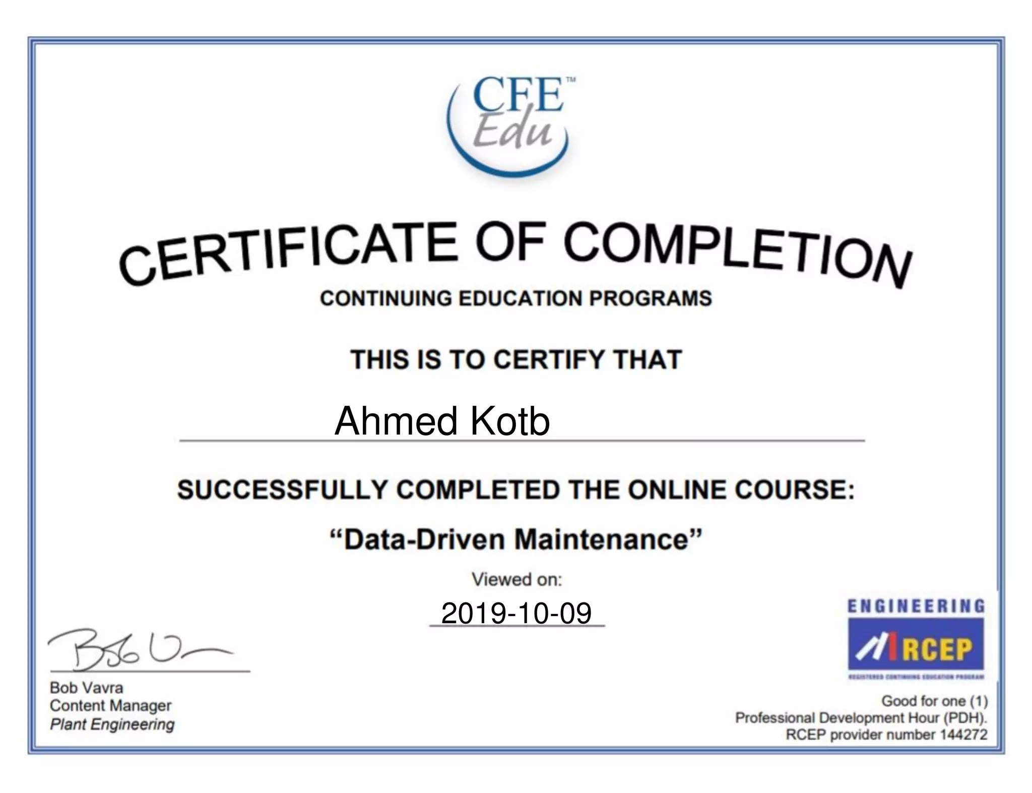 Certificate Of Completion Data Driven Maintenance Course Ahmed Said Kotb Pdf