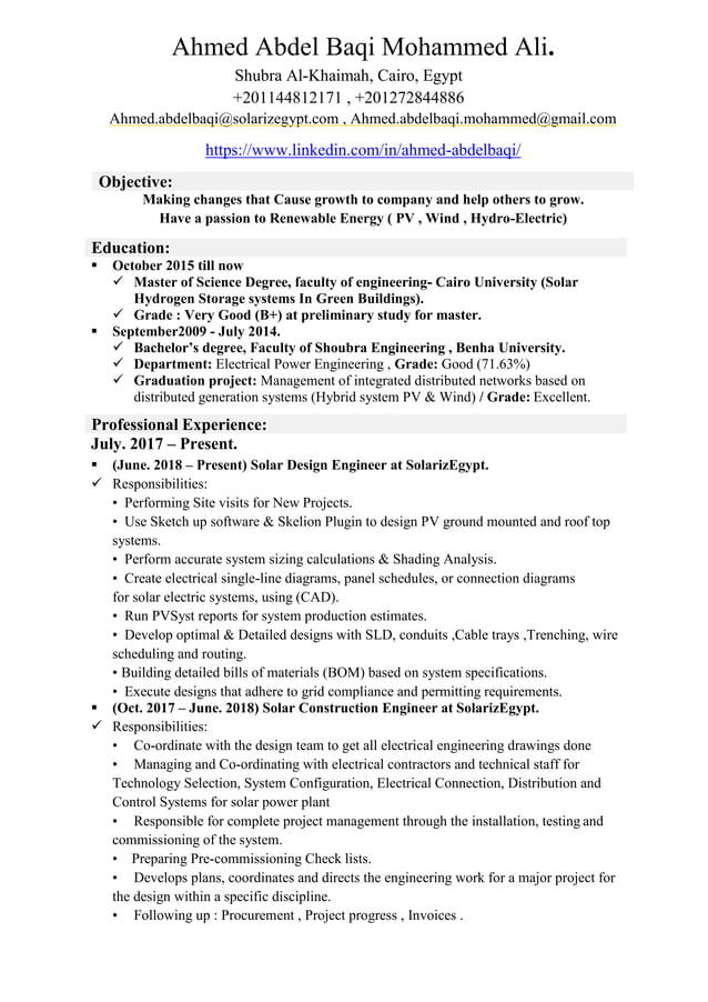 Ahmed -solar engineer-cv | PDF | Civil Engineering Industry | Industries