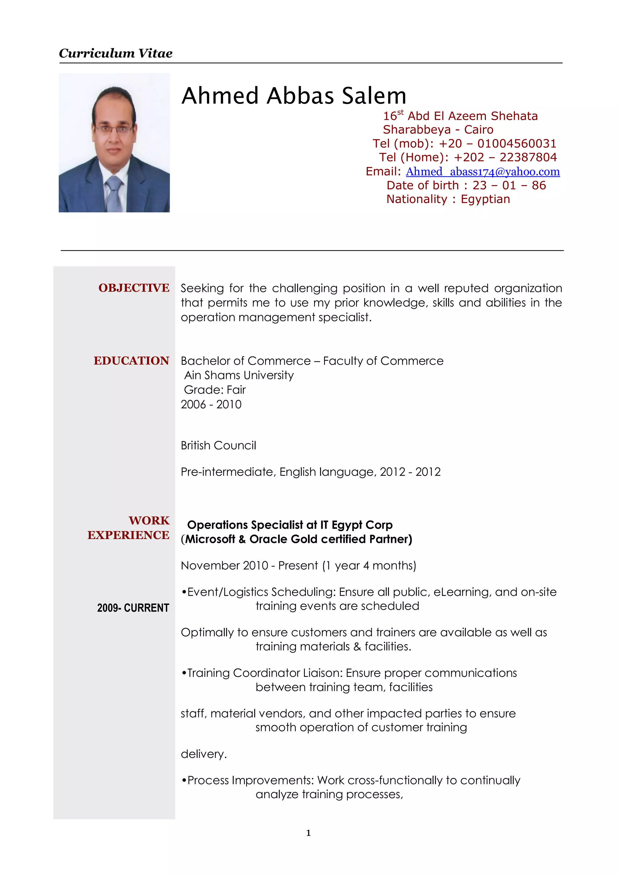Ahmed Abbas Operations Specialist Cv1 | PDF