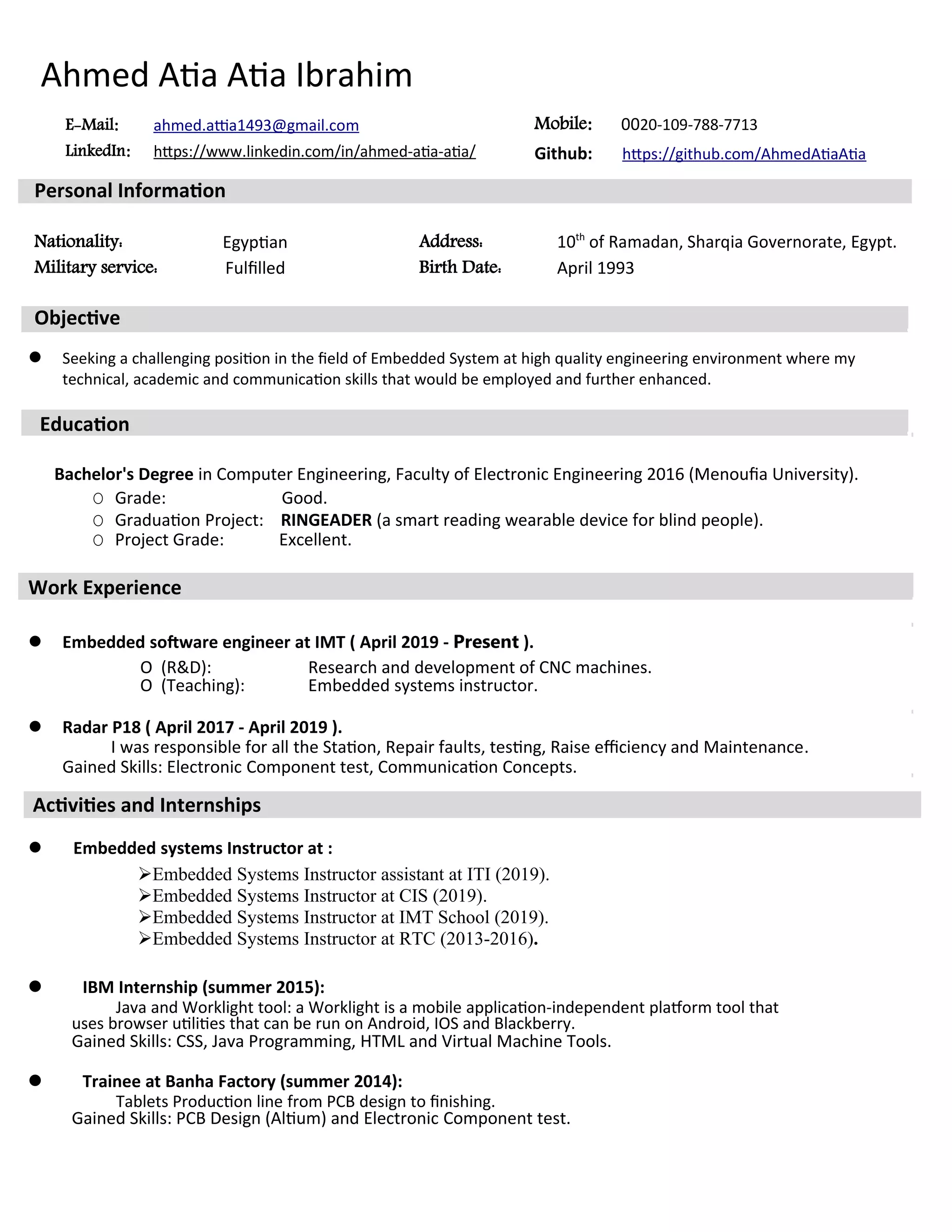 Ahmed atia cv embedded software engineer | PDF | Programming Languages | Computing