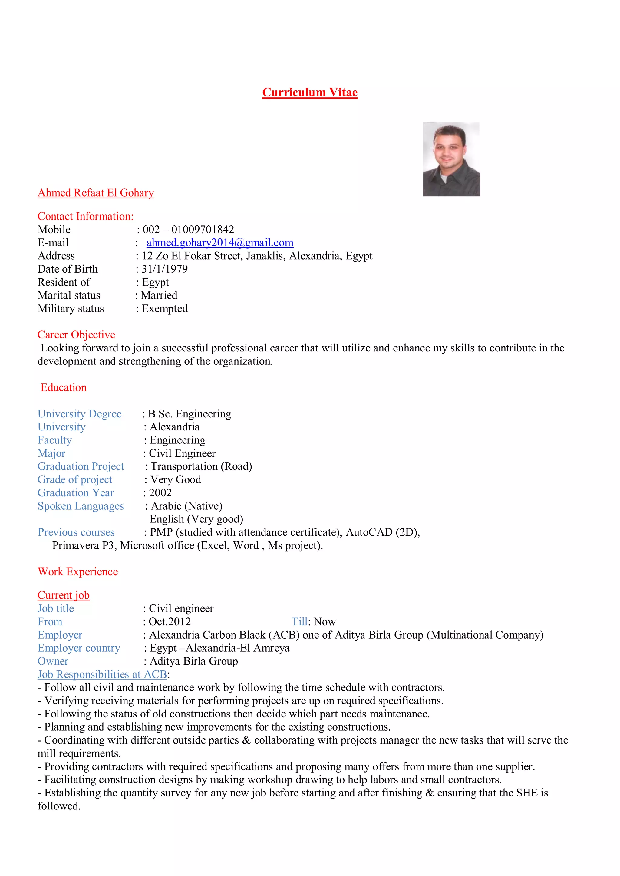 Ahmed el gohary cv | PDF | Civil Engineering Industry | Industries