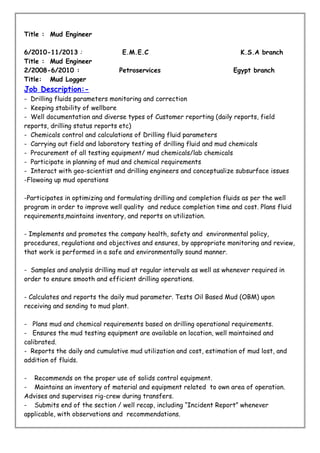 Ahmed elshal c.v mud engineer | PDF