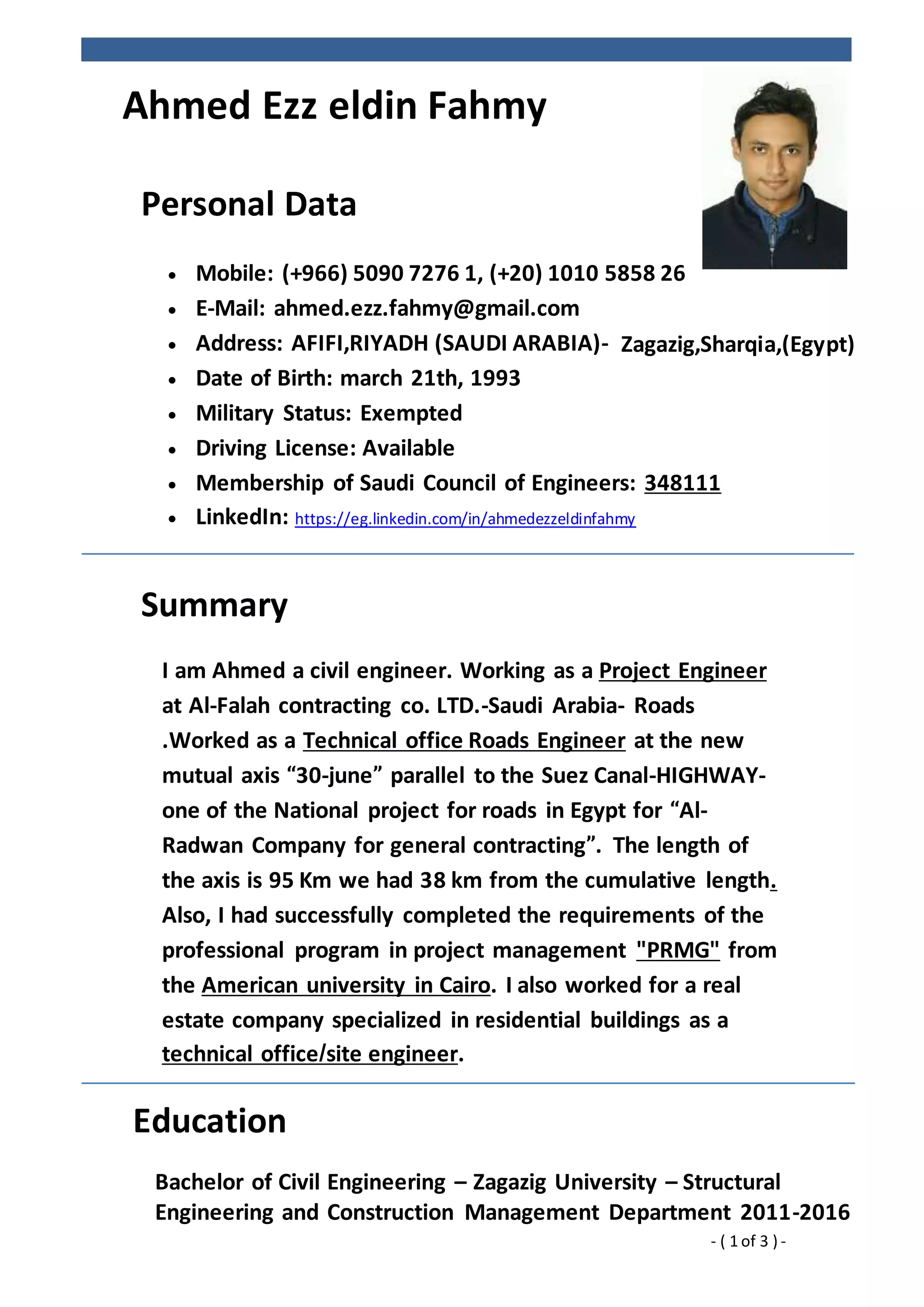 Ahmed ezz eldin fahmy cv | PDF | Civil Engineering Industry | Industries