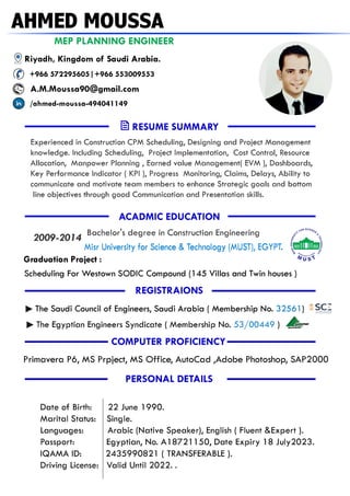 MEP PLANNING ENGINEER's CV | PDF