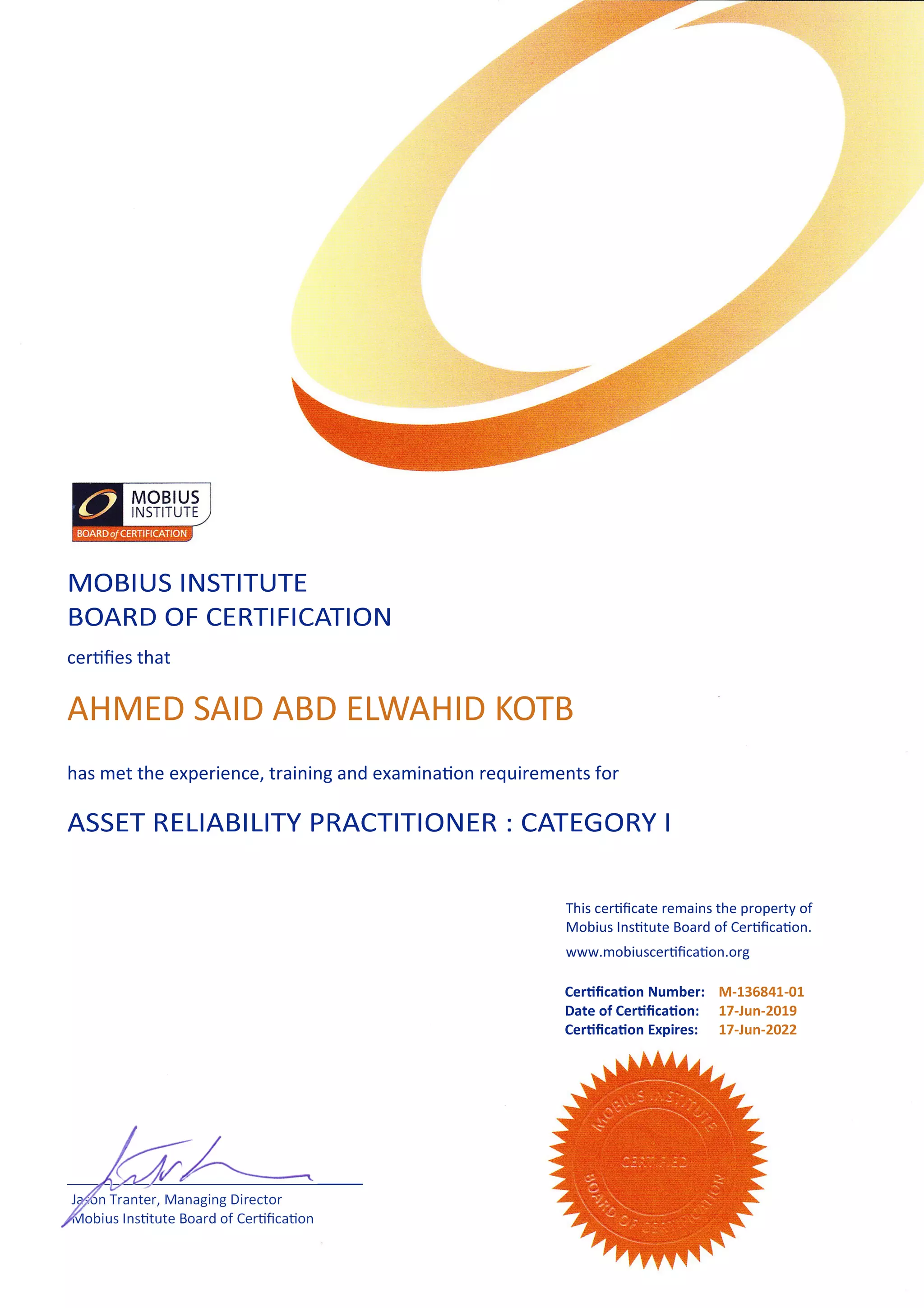 Certified Asset Reliability Practitioner CAT-I - Certificate -Ahmed Said Kotb | PDF