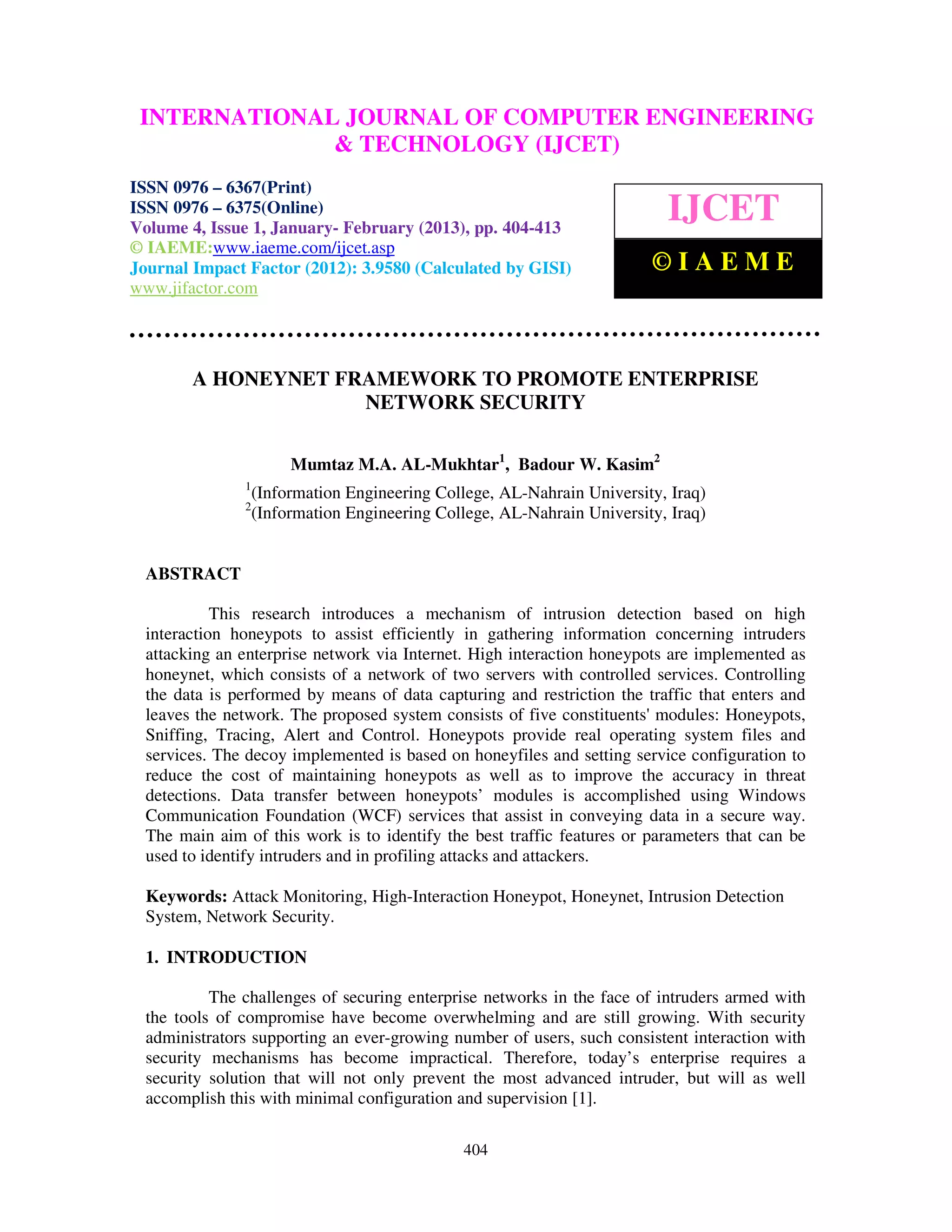 A honeynet framework to promote enterprise network security | PDF