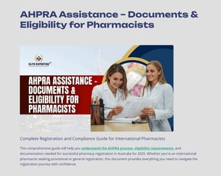 AHPRA Assistance – Documents & Eligibility for Pharmacists 2025 2026 | PDF