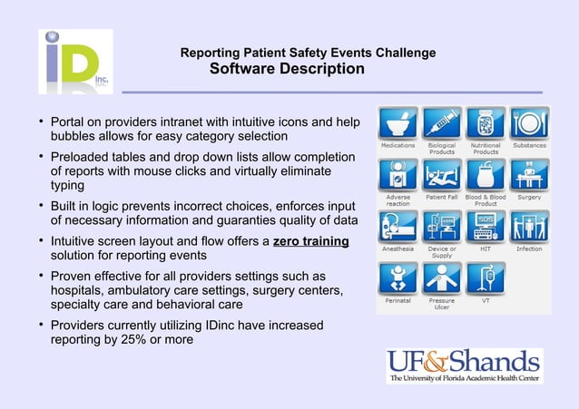 AHRQ Reporting Patient Safety challenge submission from IDinc and Shands Healthcare | PPT