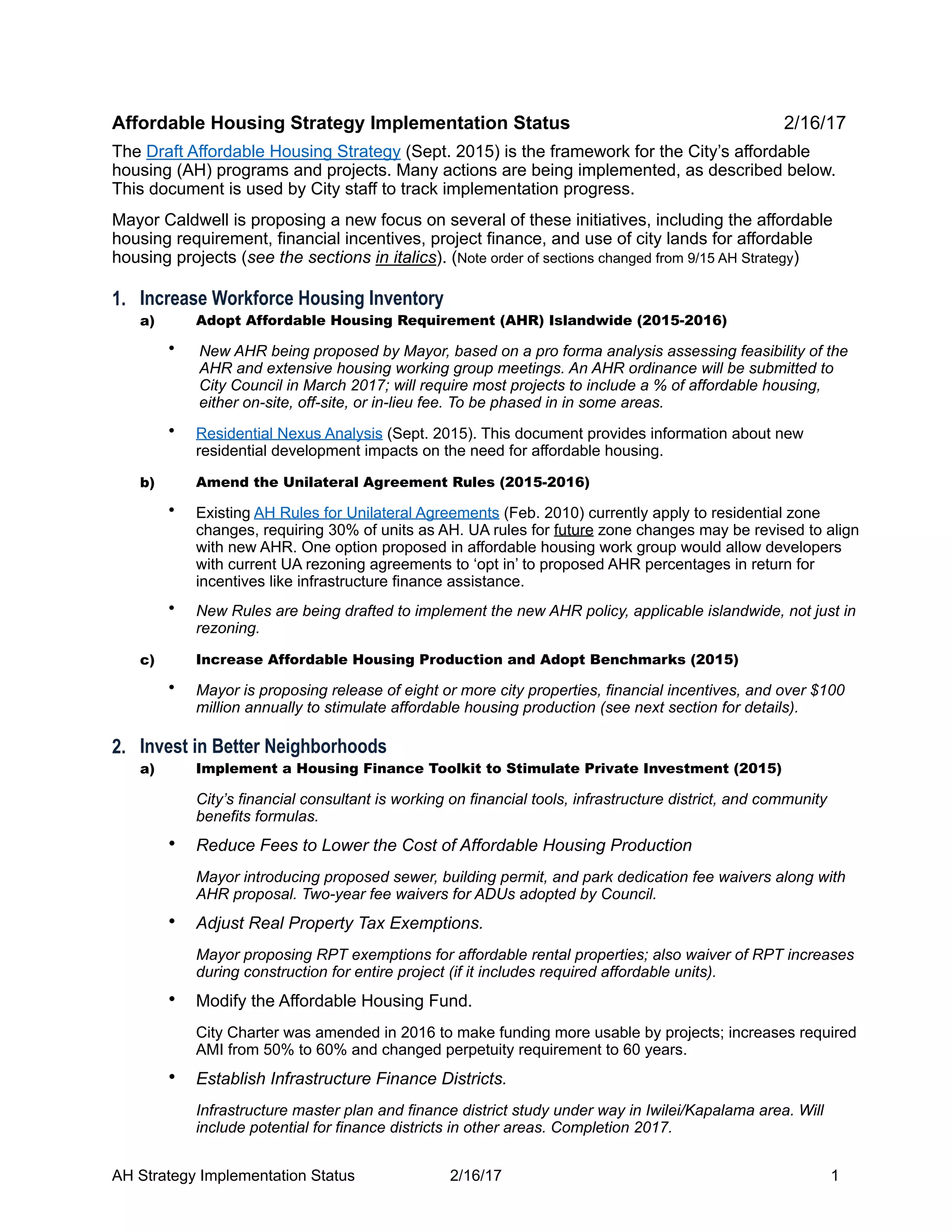 Mayor Caldwell's Strategy Implementation Summary | PDF