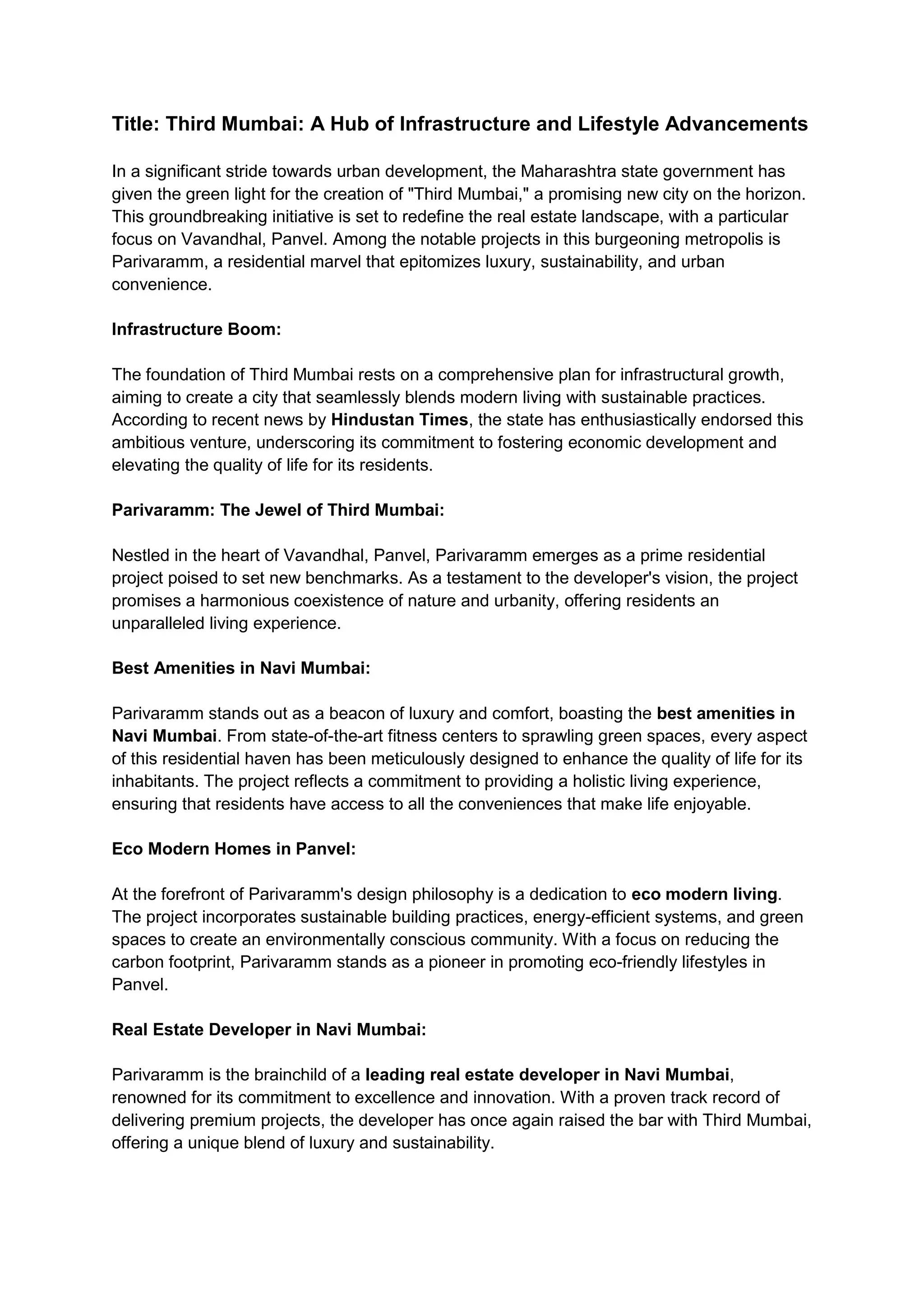 Third Mumbai: A Hub of Infrastructure and Lifestyle Advancements | DOCX