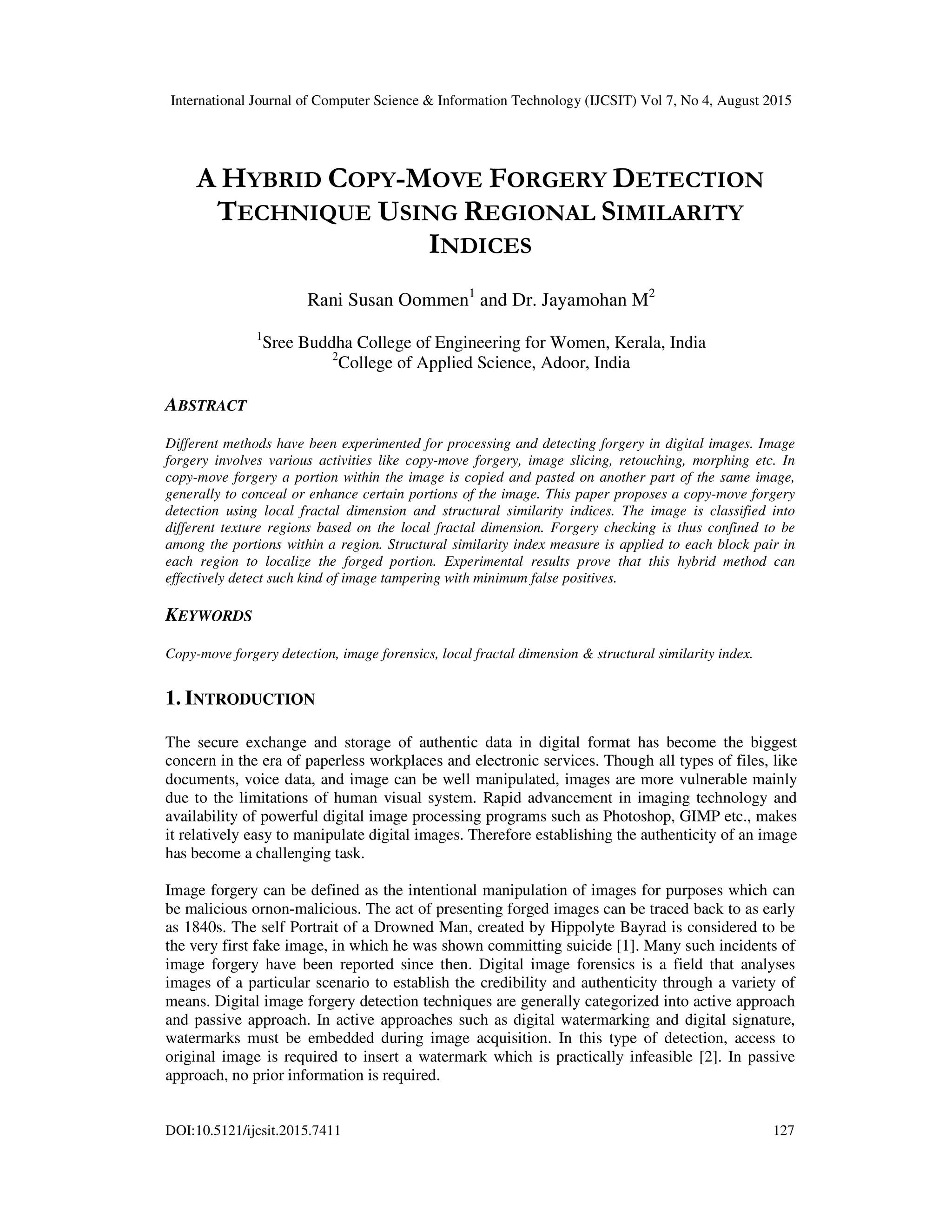A Hybrid Copy Move Forgery Detection Technique Using Regional