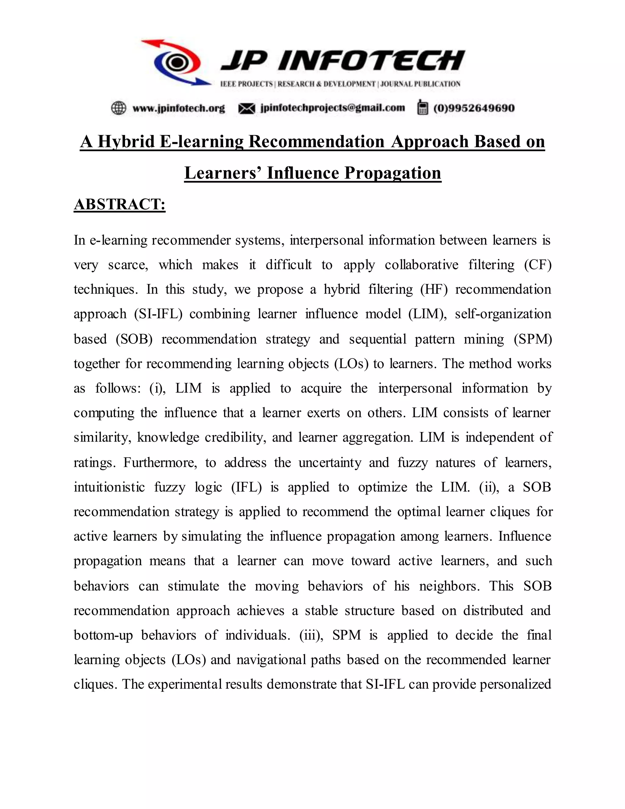 A Hybrid E Learning Recommendation Approach Based On Learners