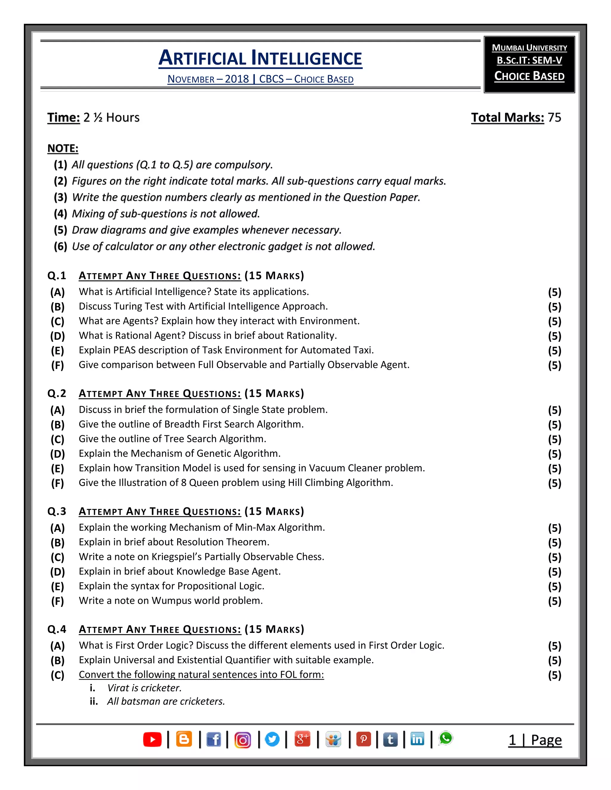 Artificial Intelligence (November – 2018) [Choice Based | Question Paper] | PDF