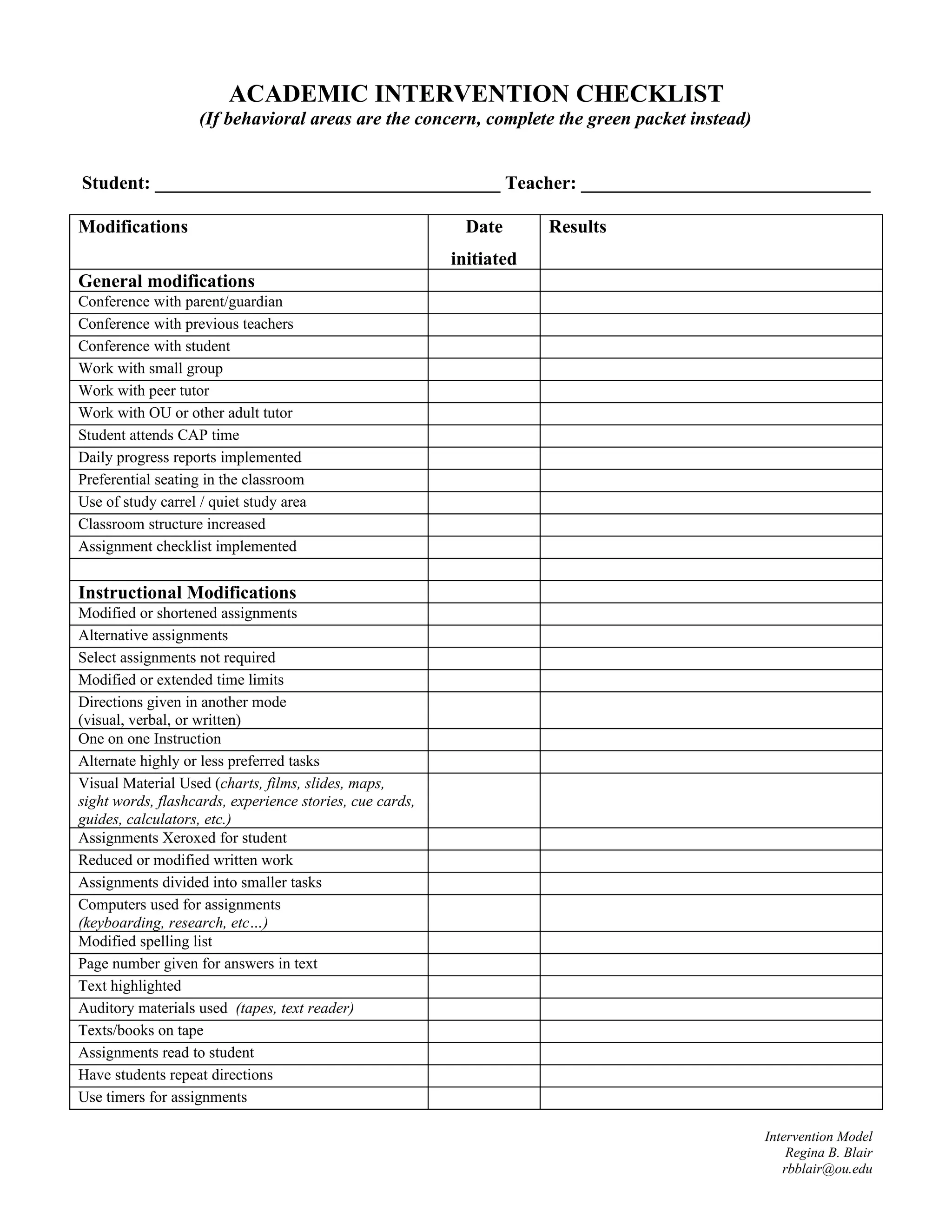 Intervention Checklist | DOC | Physical Therapy | Wellness