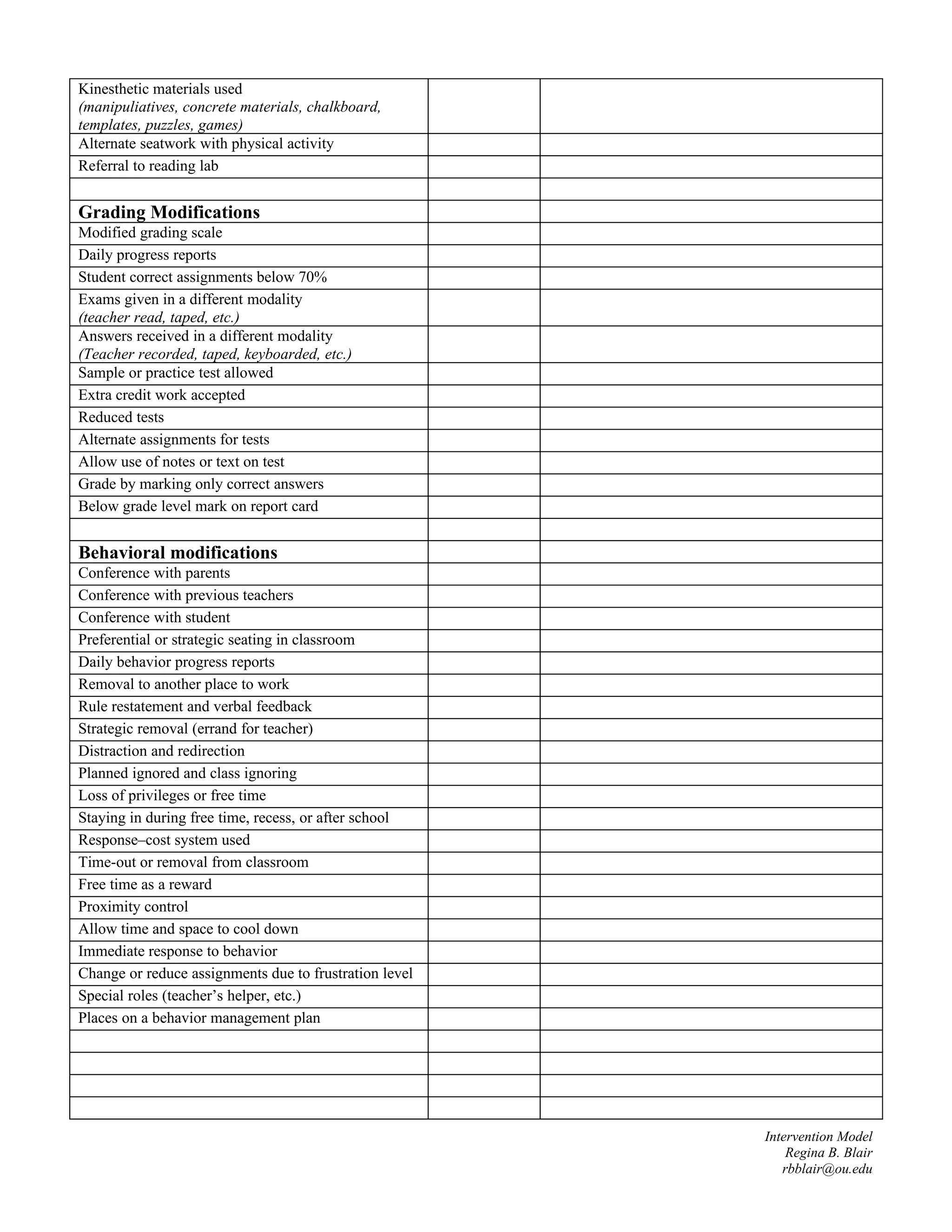 Intervention Checklist | DOC | Physical Therapy | Wellness