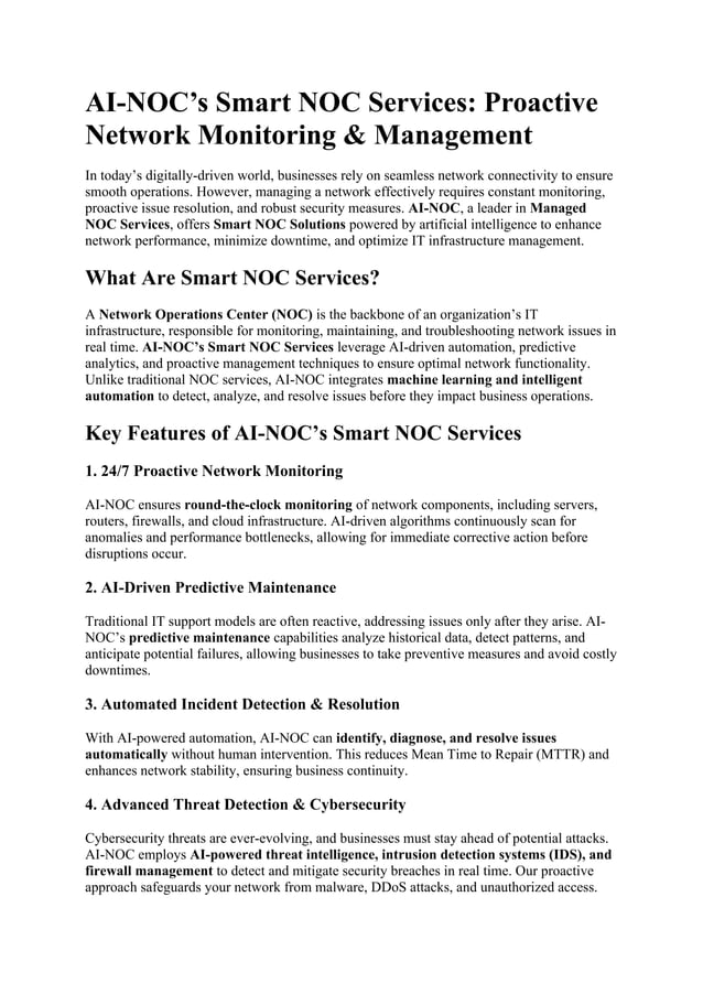 AI-NOC’s Smart NOC Services Proactive Network Monitoring & Management | PDF