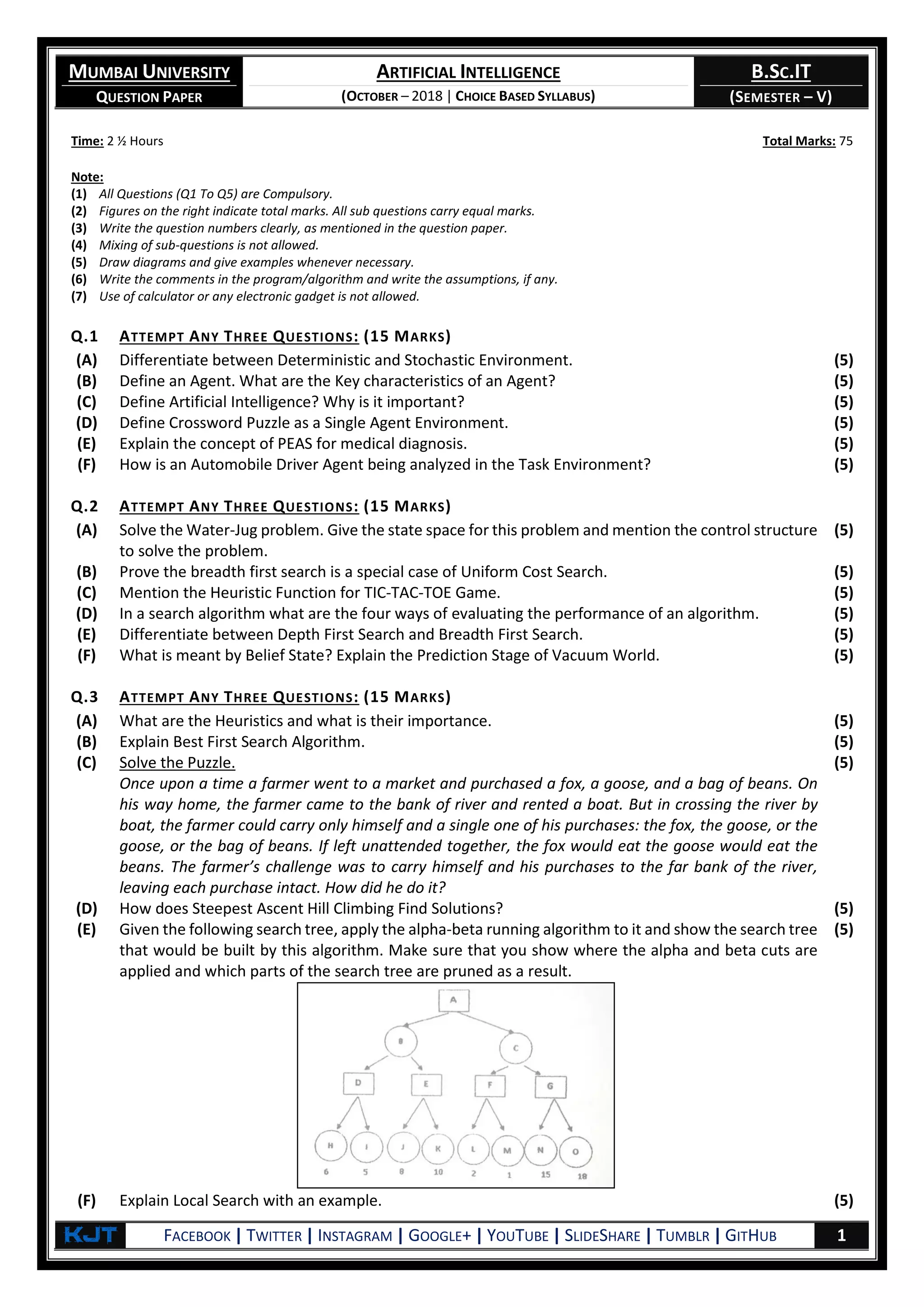 Artificial Intelligence (Question Paper) [October – 2018 | Choice Based Syllabus] | PDF