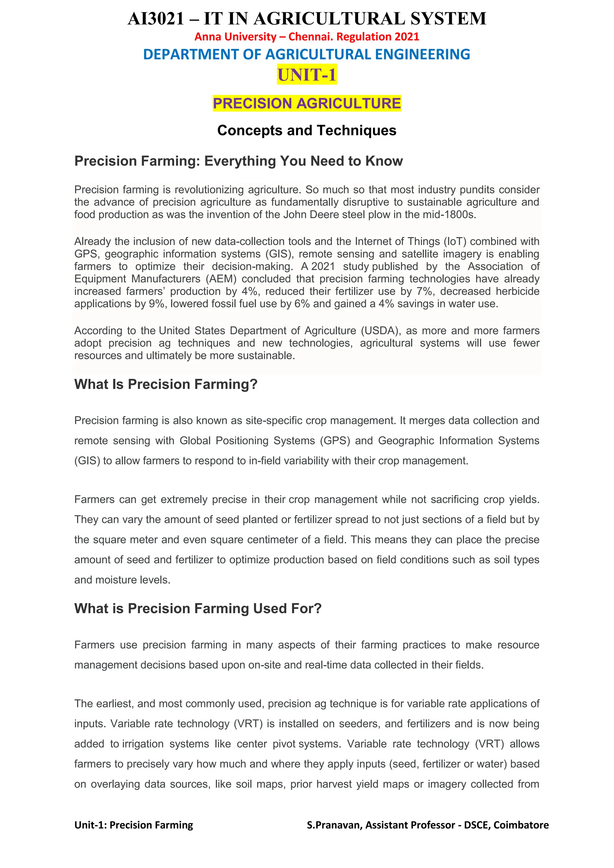 AI3021-IT IN AGRICULTURAL SYSTEM - UNIT-1-Precision Farming.pdf
