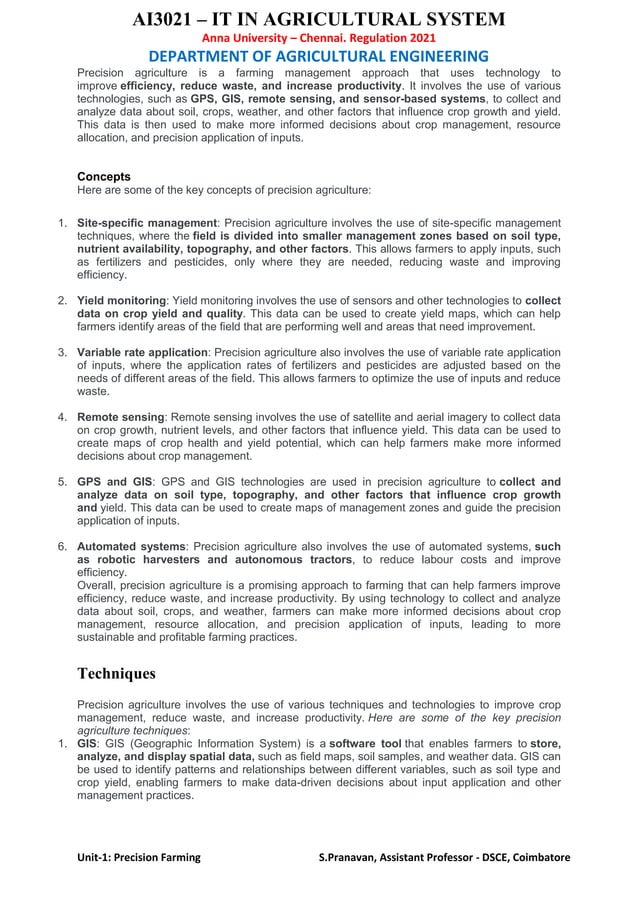AI3021-IT IN AGRICULTURAL SYSTEM - UNIT-1-Precision Farming.pdf ...