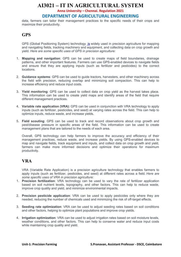 AI3021-IT IN AGRICULTURAL SYSTEM - UNIT-1-Precision Farming.pdf ...