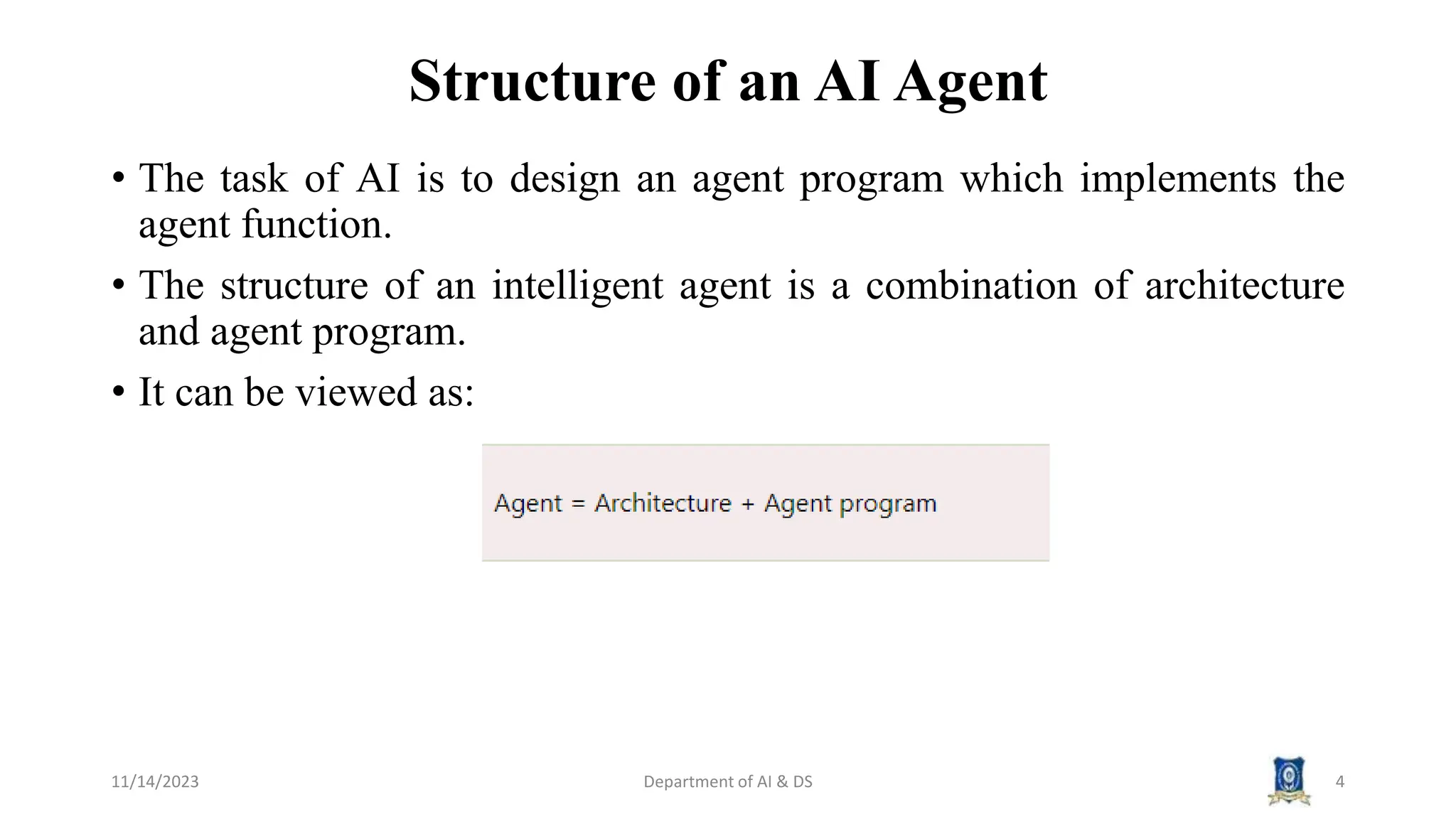AI3391 ARTIFICAL INTELLIGENCE Session 4 Structure of agent .pptx