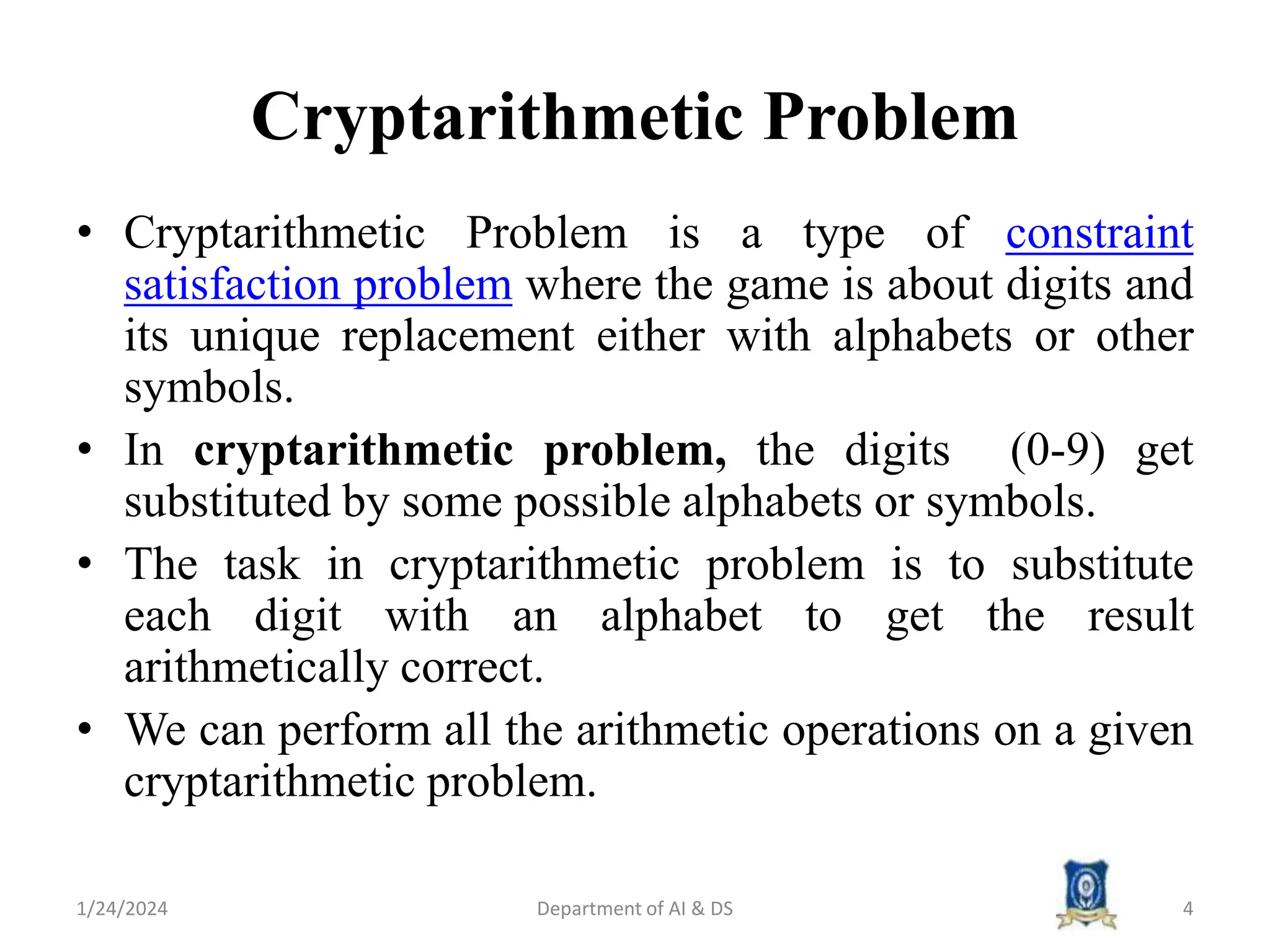 AI3391 Artificial intelligence Session 22 Cryptarithmetic problem.pptx
