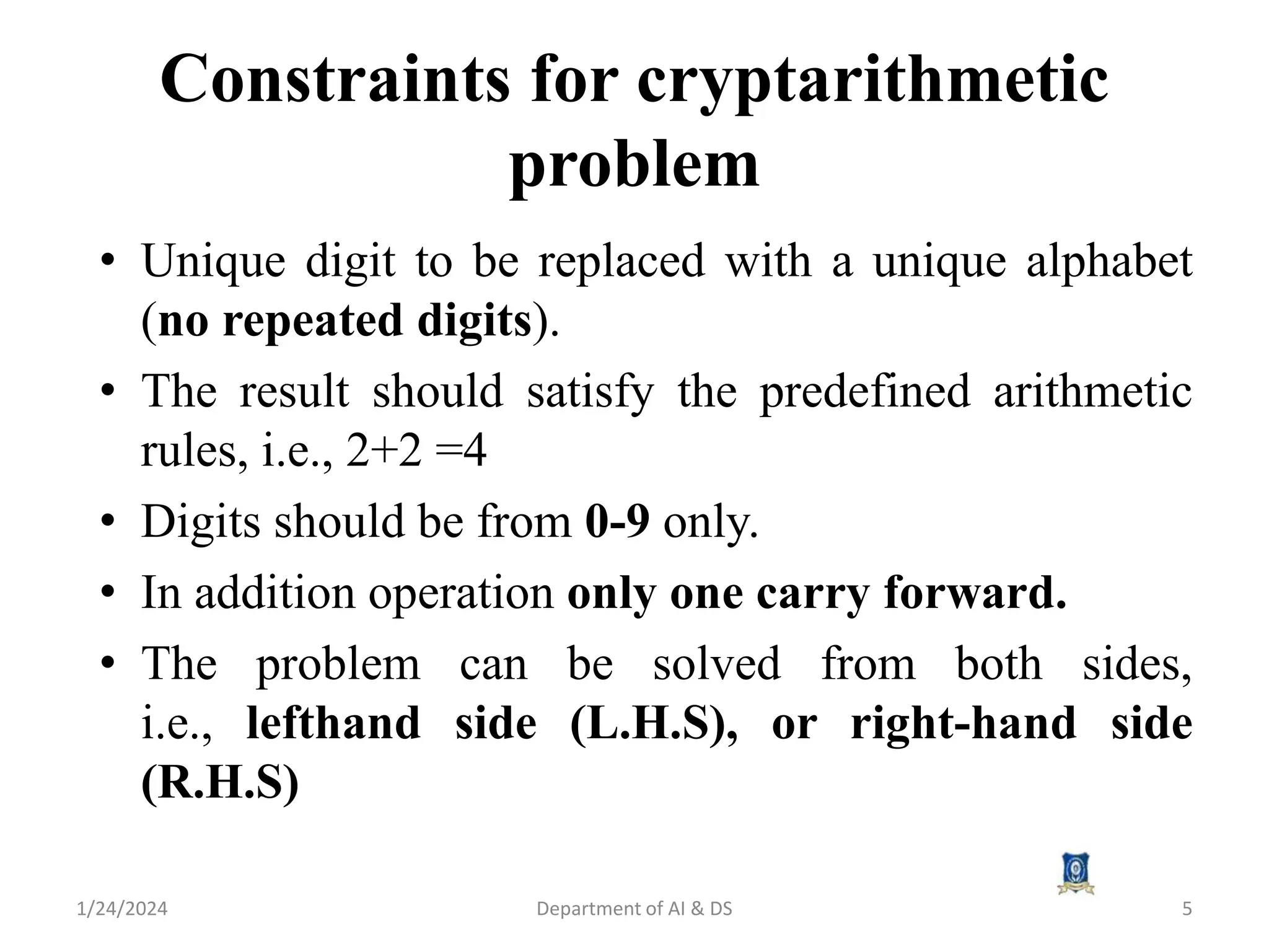 Ai3391 Artificial Intelligence Session 22 Cryptarithmetic Problempptx 