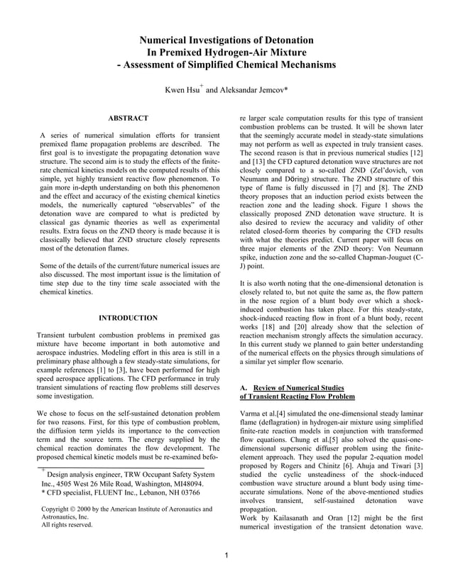 aiaa-2000 numerical investigation premixed combustion | PDF