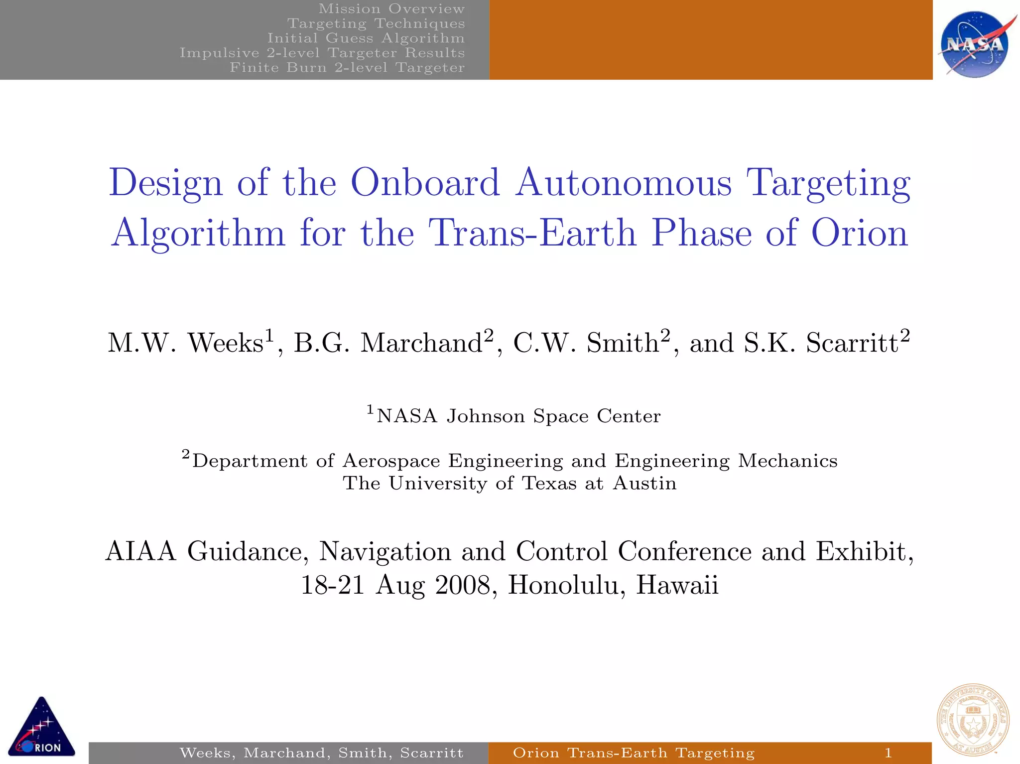 Design of the Onboard Autonomous Targeting Algorithm for the Trans-Earth Phase of Orion | PDF