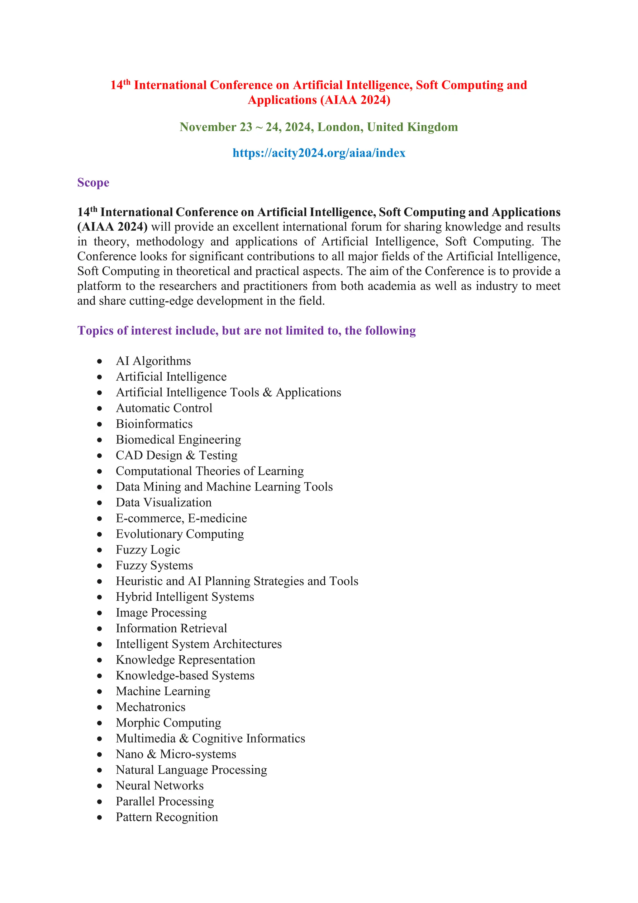 Call for Papers - 14th International Conference on Artificial Intelligence, Soft Computing and ...