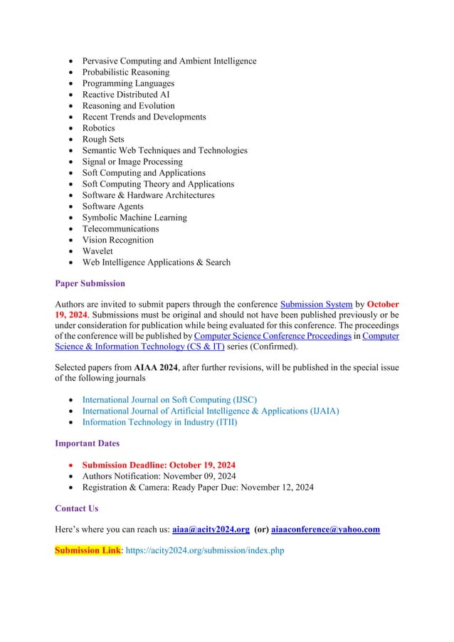 Call for Papers - 14th International Conference on Artificial Intelligence, Soft Computing and ...