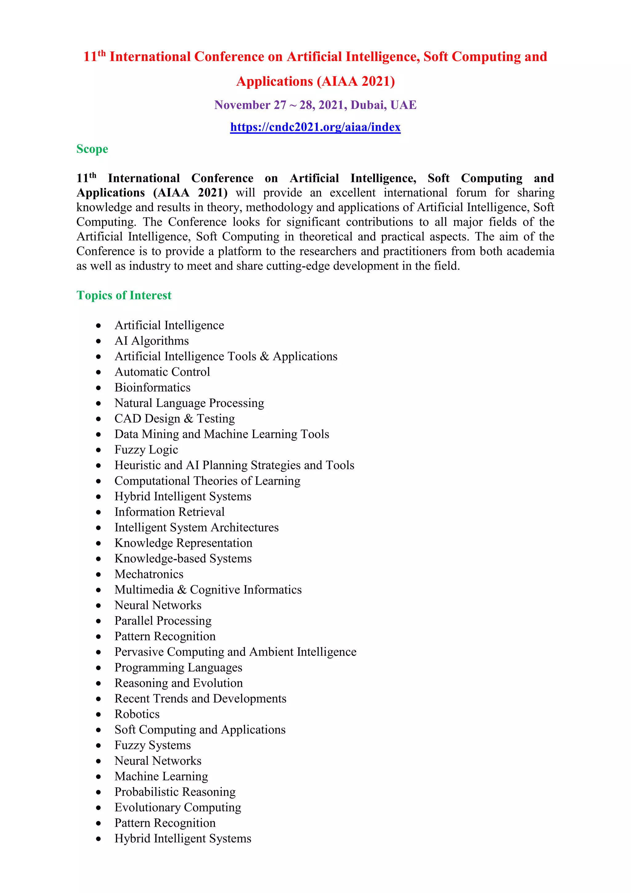 Call for Papers - 11th International Conference on Artificial ...