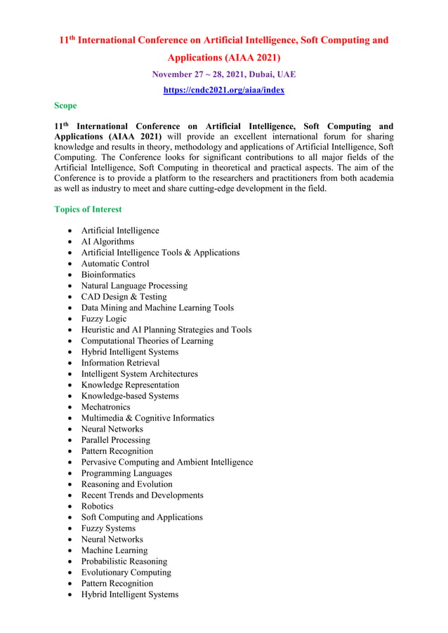 Call for Papers - 11th International Conference on Artificial Intelligence, Soft Computing and ...