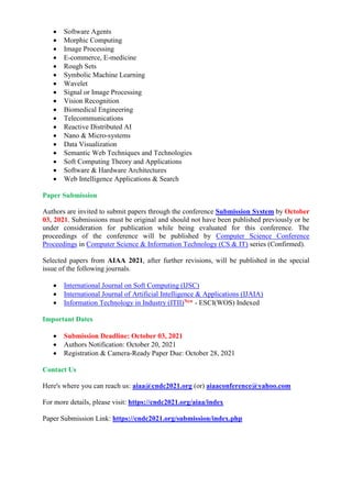 Call for Papers - 11th International Conference on Artificial Intelligence, Soft Computing and ...