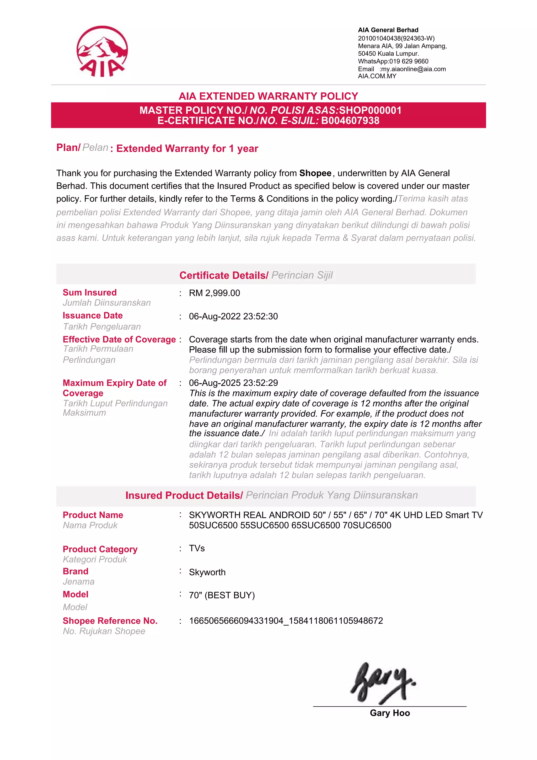 AIA Extended Warranty Protection – Certificate B004607938.pdf | Motor ...