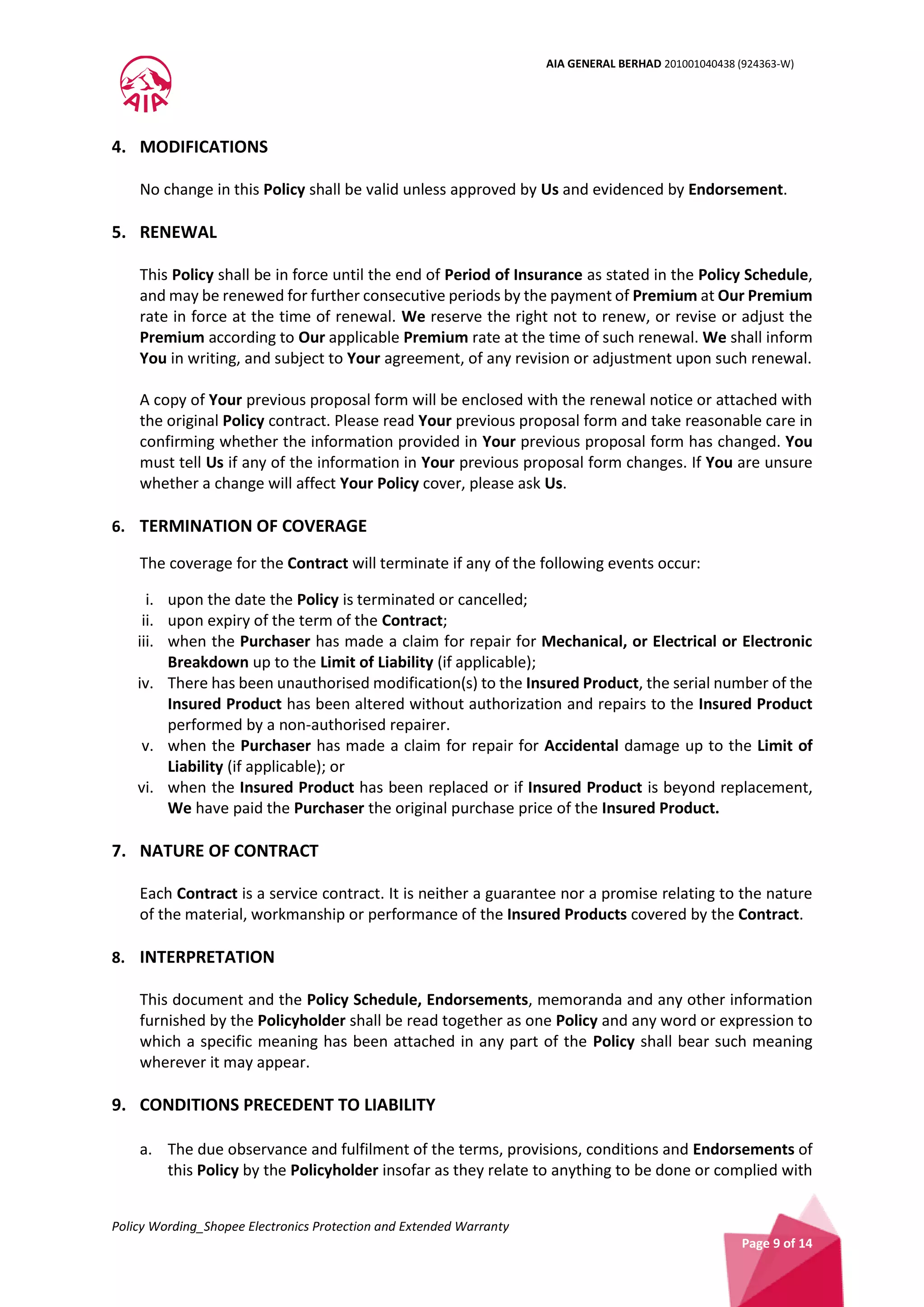 AIA Extended Warranty Protection – Certificate B004607938.pdf | Motor ...