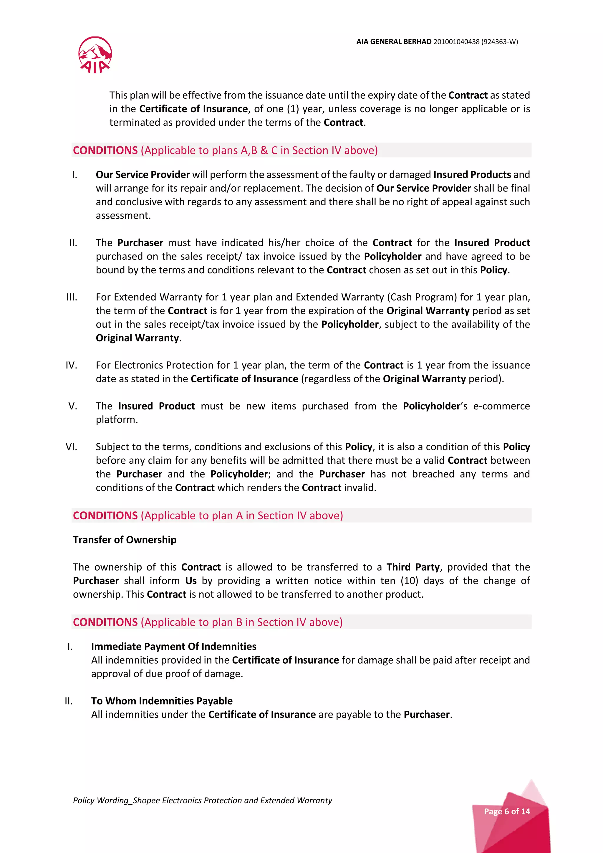 AIA Extended Warranty Protection – Certificate B004607938.pdf | Motor ...