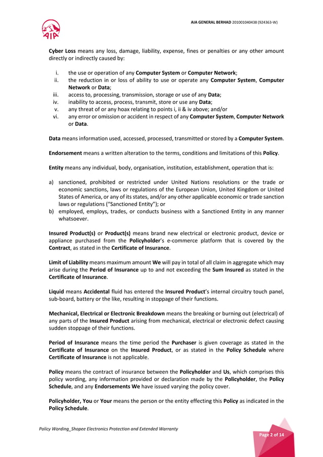 AIA Extended Warranty Protection – Certificate B004607938.pdf | Motor ...