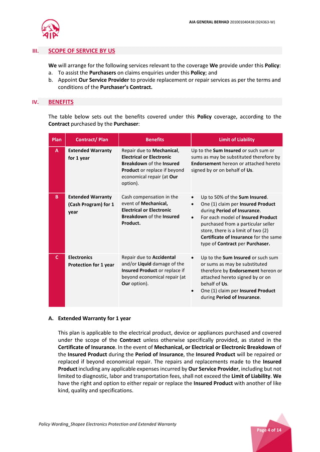 AIA Extended Warranty Protection – Certificate B004607938.pdf | Motor ...