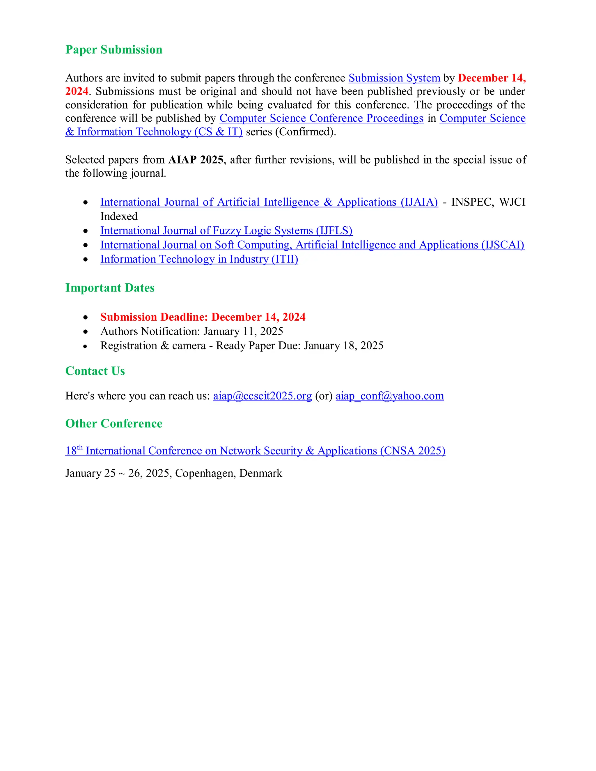 CFP - 12th International Conference on Artificial Intelligence and Applications (AIAP 2025) | PDF