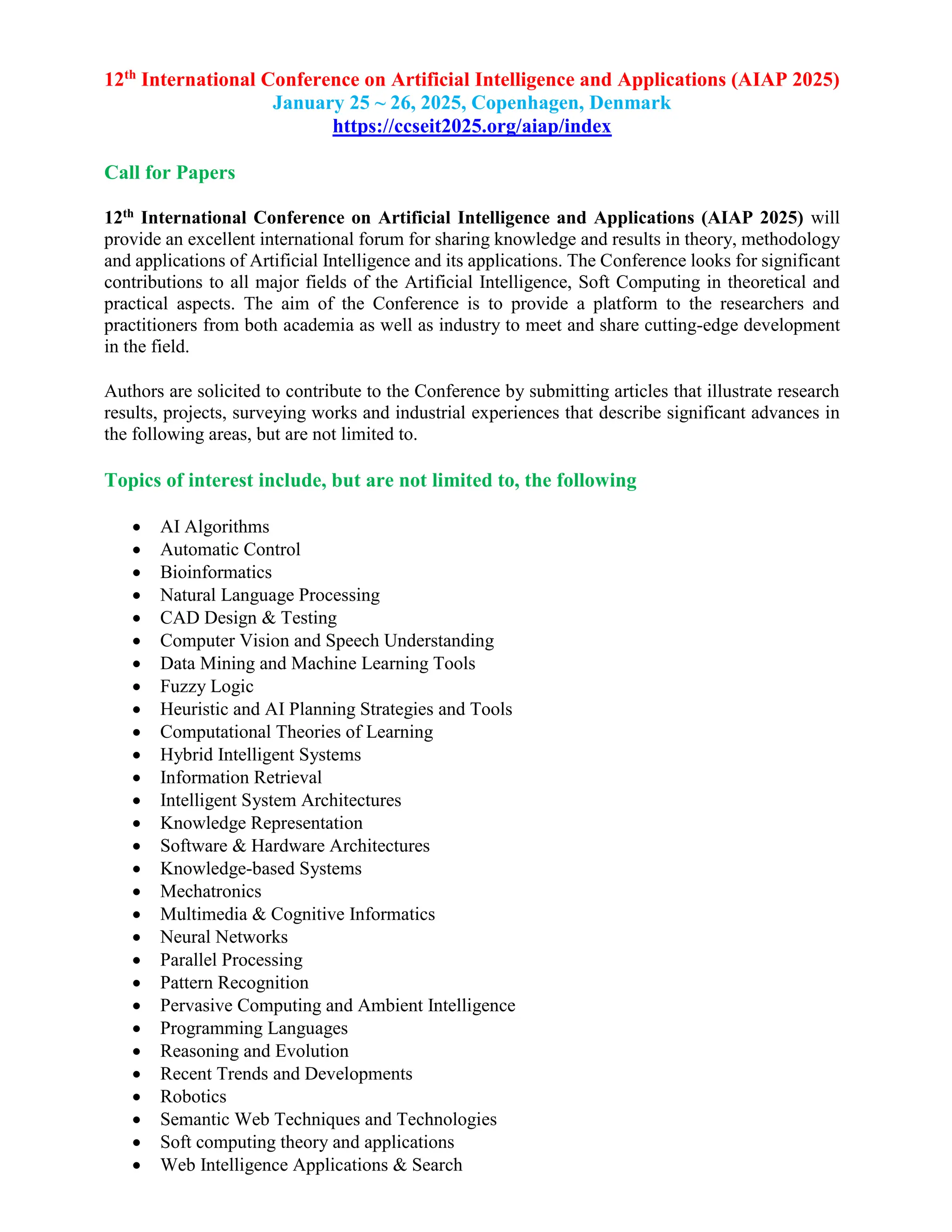 CFP - 12th International Conference on Artificial Intelligence and Applications (AIAP 2025) | PDF