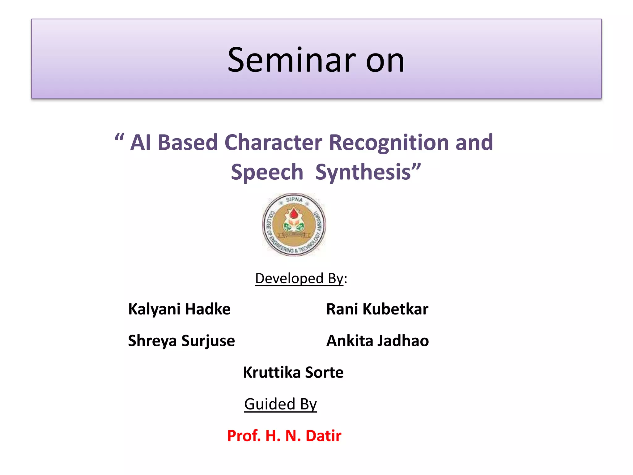 Ai Based Character Recognition And Speech Synthesis Ppt