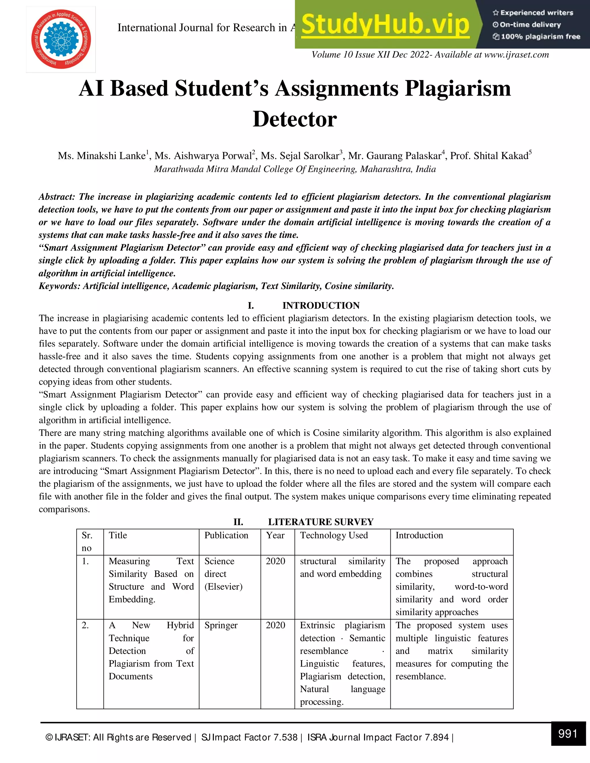 AI Based Student S Assignments Plagiarism Detector | PDF