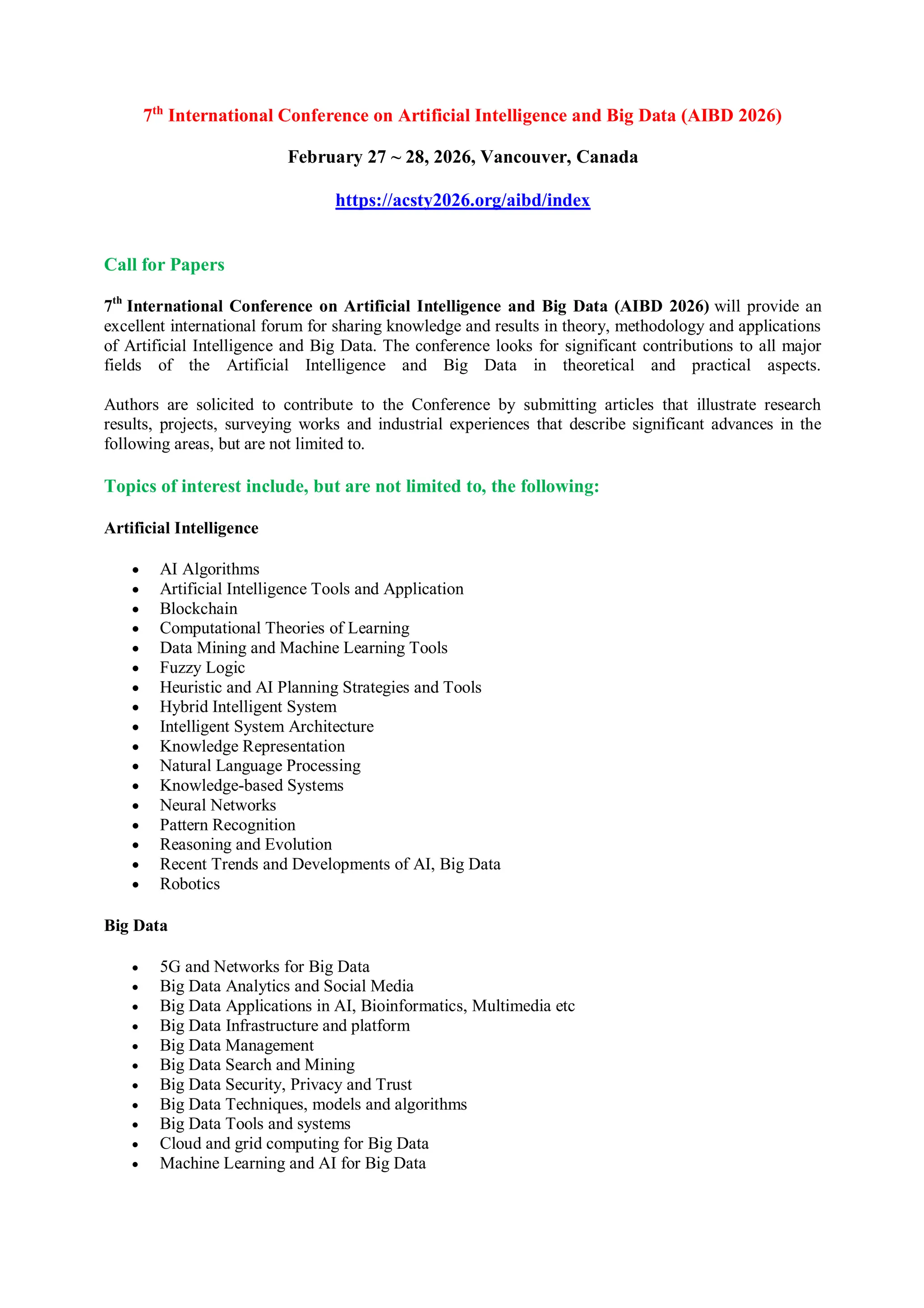 7th International Conference on Artificial Intelligence and Big Data ...