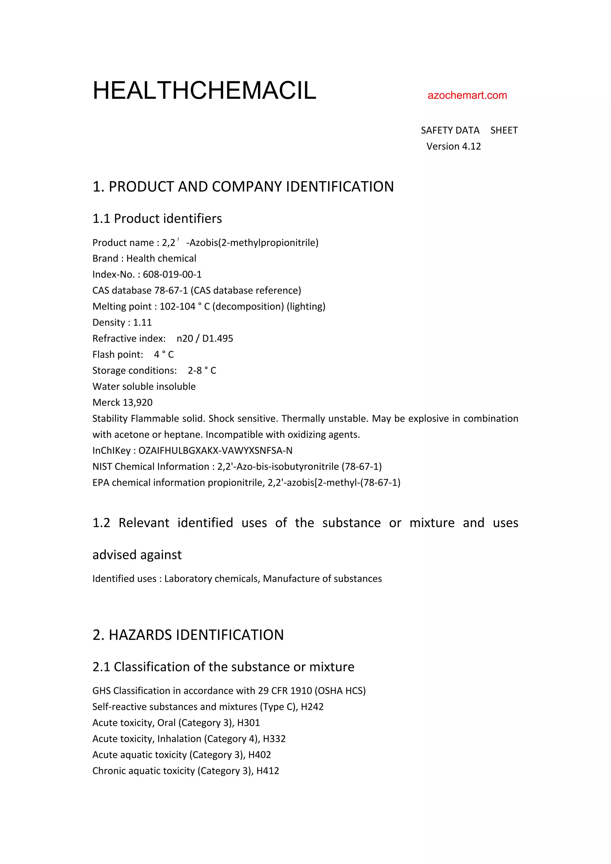 Aibn(Azobisisobutyronitrile) safety data sheet | PDF