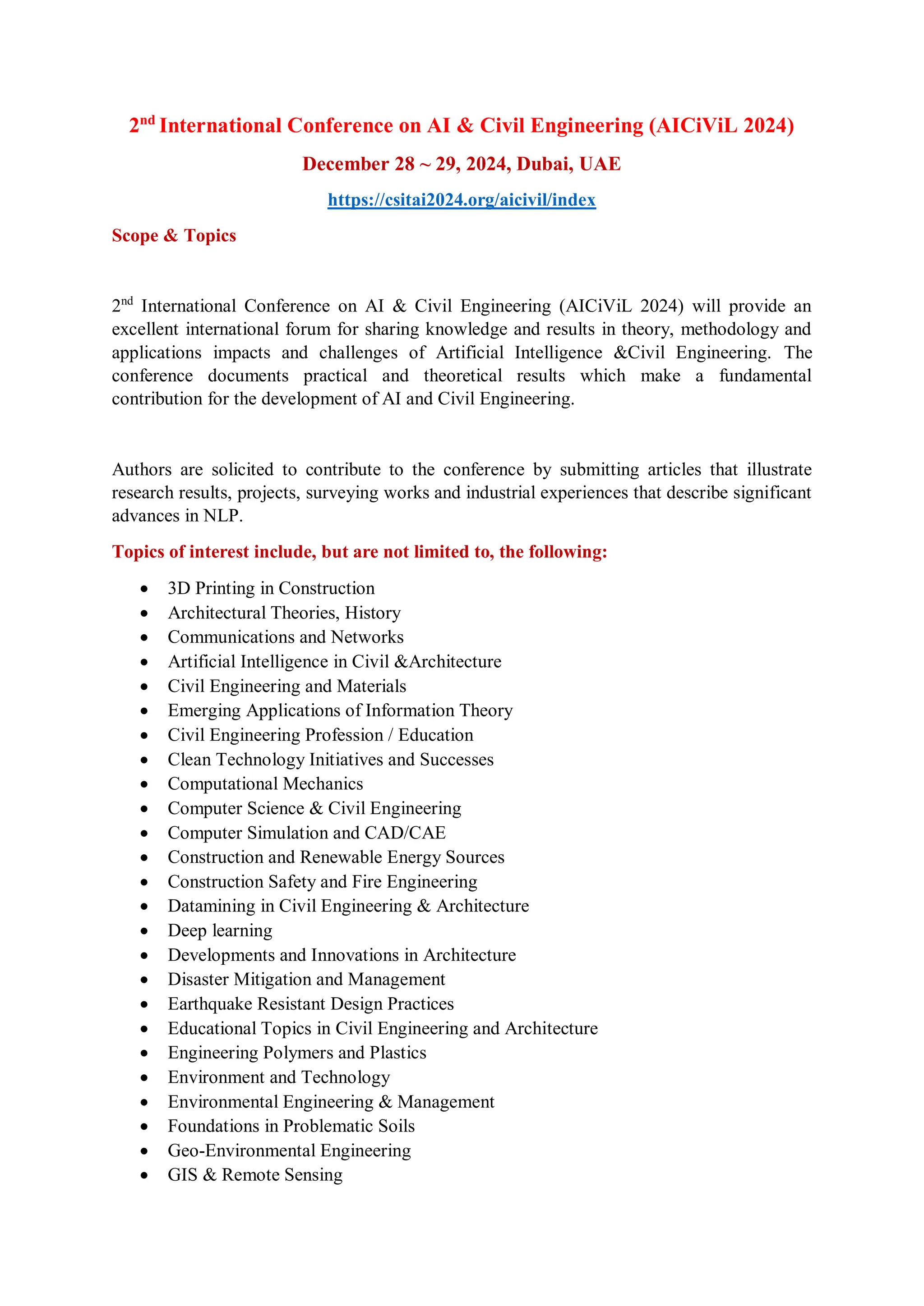 2 nd International Conference on AI & Civil Engineering (AICiViL 2024 ...
