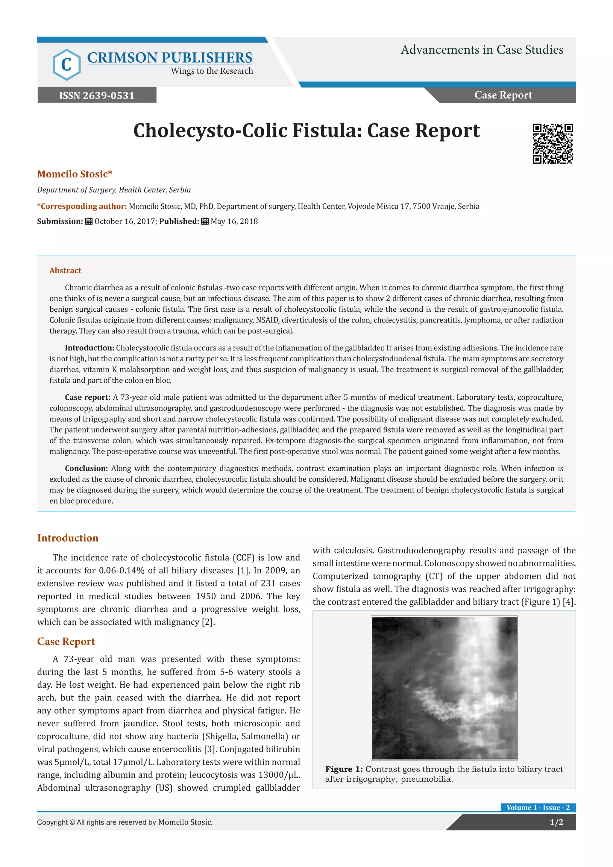 Cholecysto-Colic Fistula: Case Report | PDF