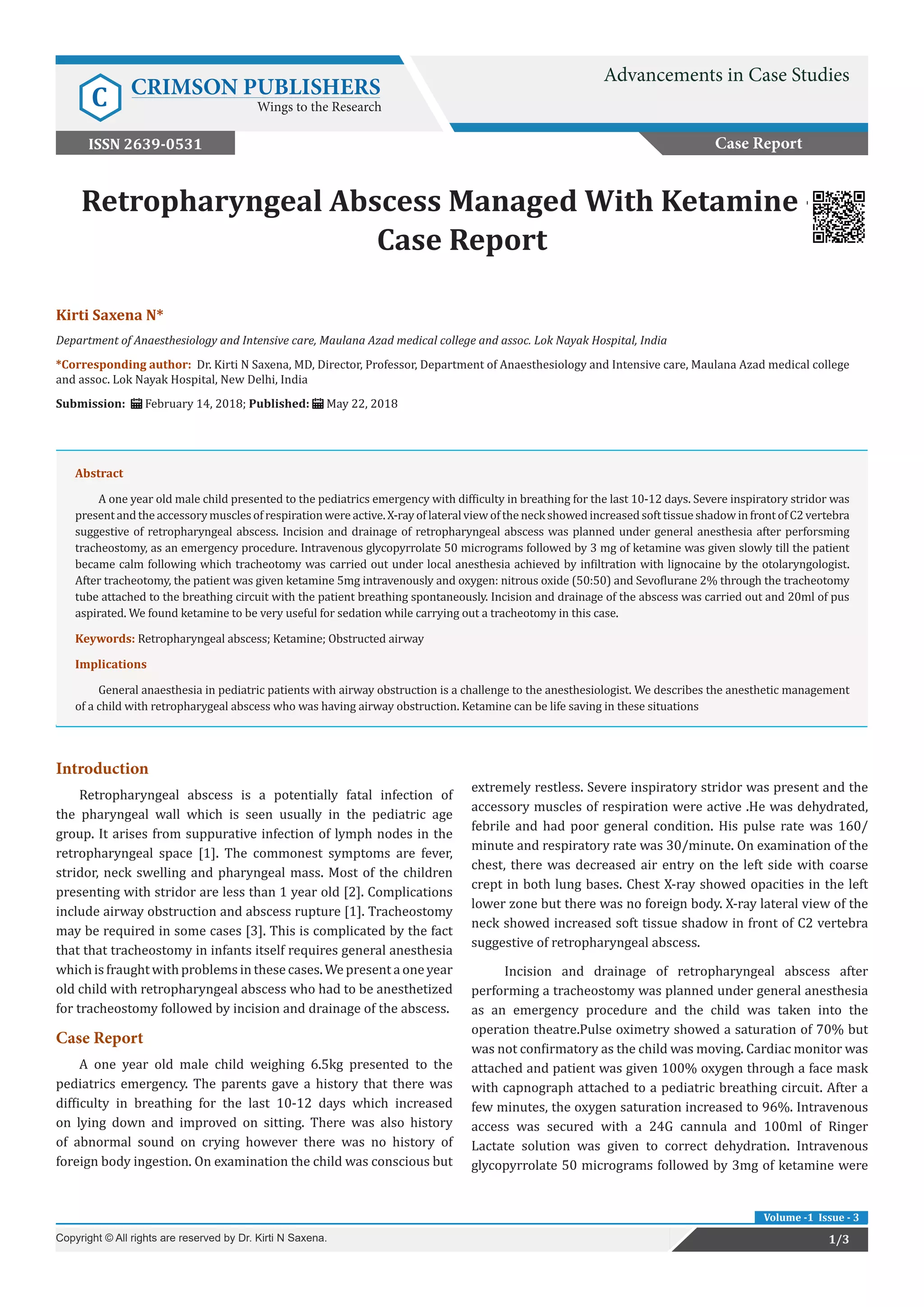 Retropharyngeal Abscess Managed With Ketamine - A Case Report_Crimson ...