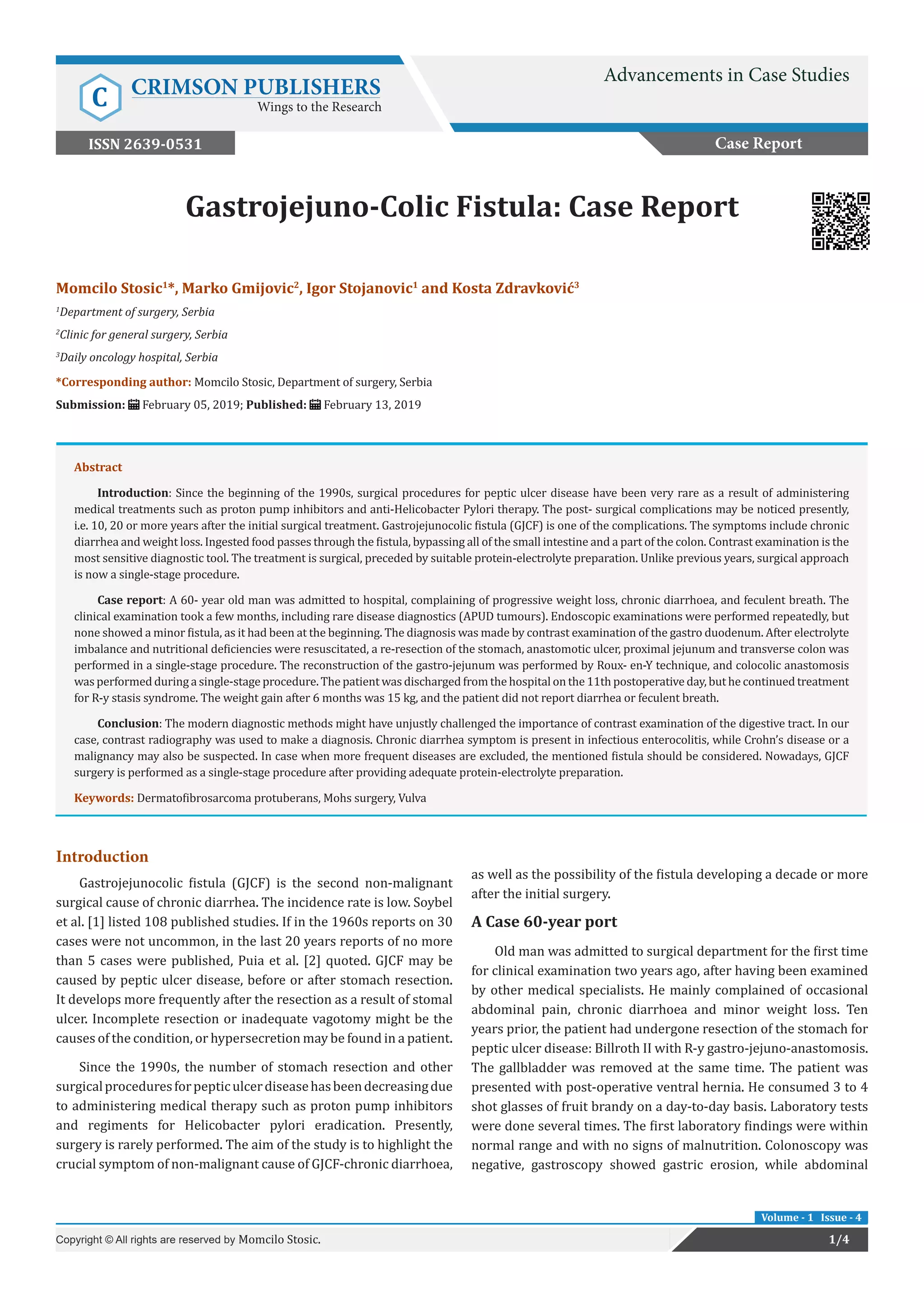 Gastrojejuno-Colic Fistula: Case Report_Crimson Publishers | PDF